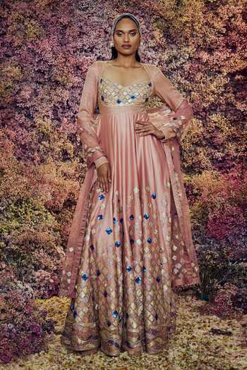 Buy Pink Anarkali: Chanderi Silk Applique Ishaya With Dupatta For Women ...