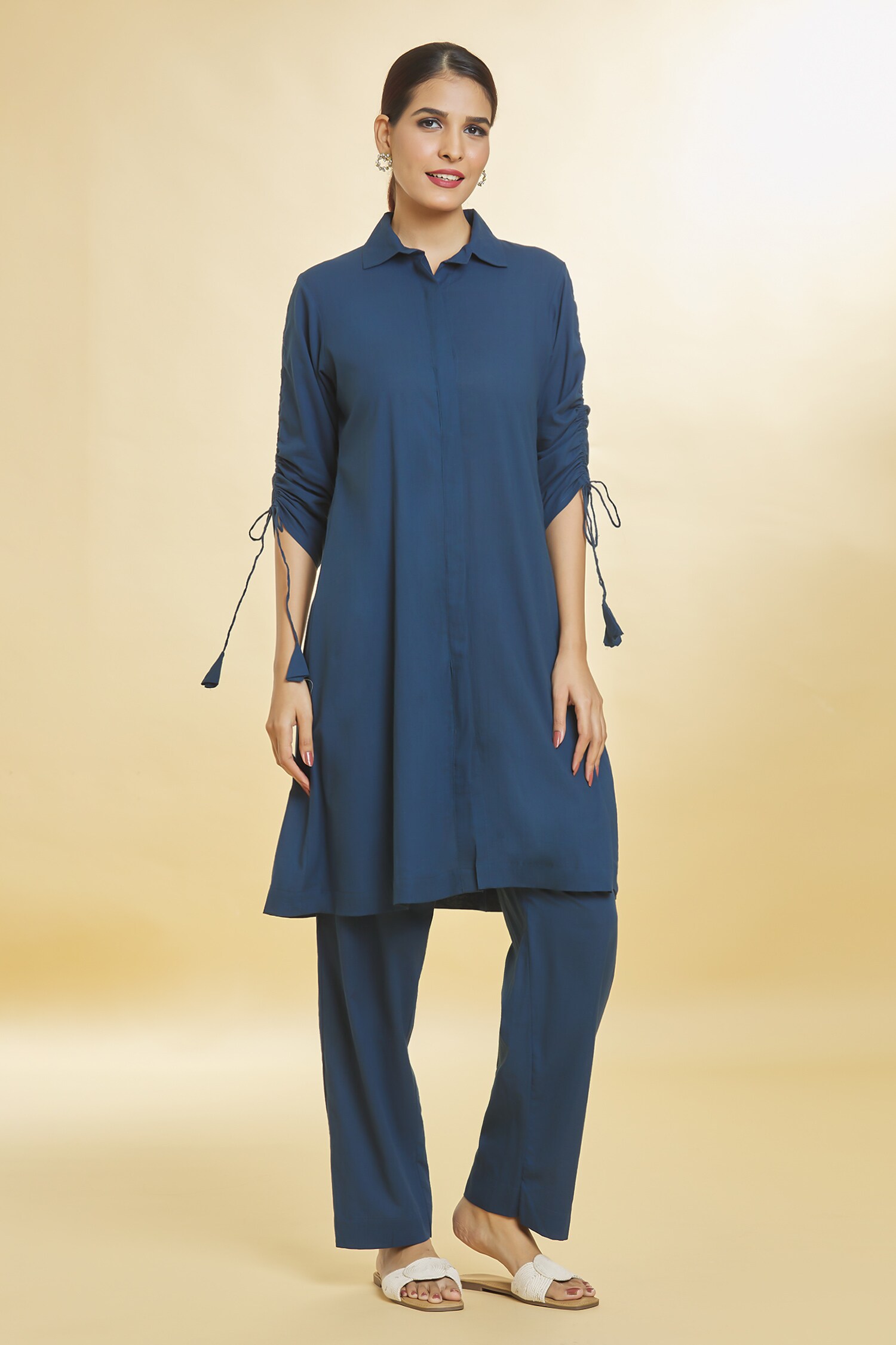 Buy Blue Cotton Plain Collared Neck Tunic With Palazzo For Women by ...