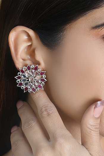Buy Noor Floral Checker Encrusted Ear Studs Online | Aza Fashions