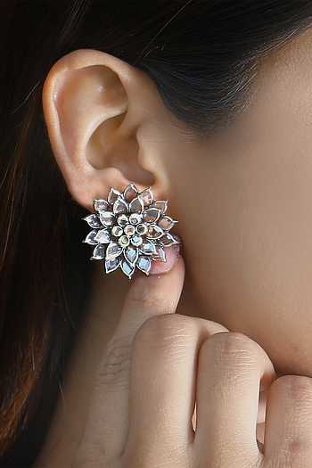 Buy Noor Floral Checker Stone Embellished Ear Studs Online | Aza Fashions