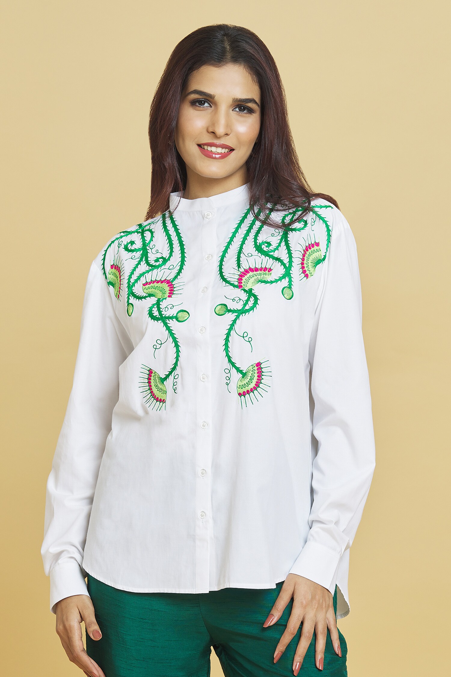 Buy Aiman Ivory Cotton Venus Flytrap Embroidered Shirt Online | Aza ...
