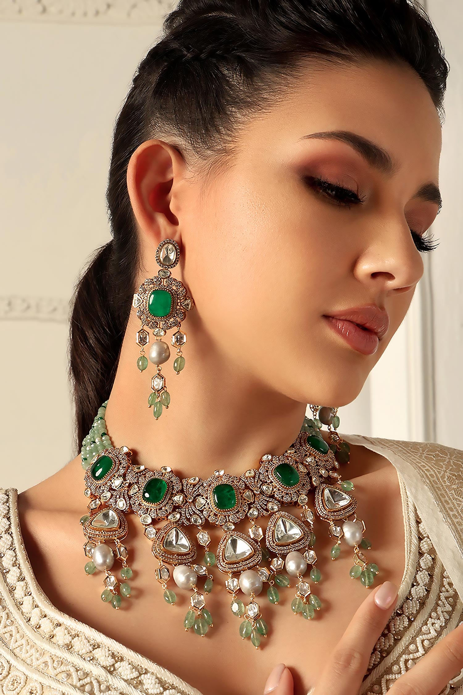Buy Green Polki And Bead Embellished Necklace Set by joules by radhika ...