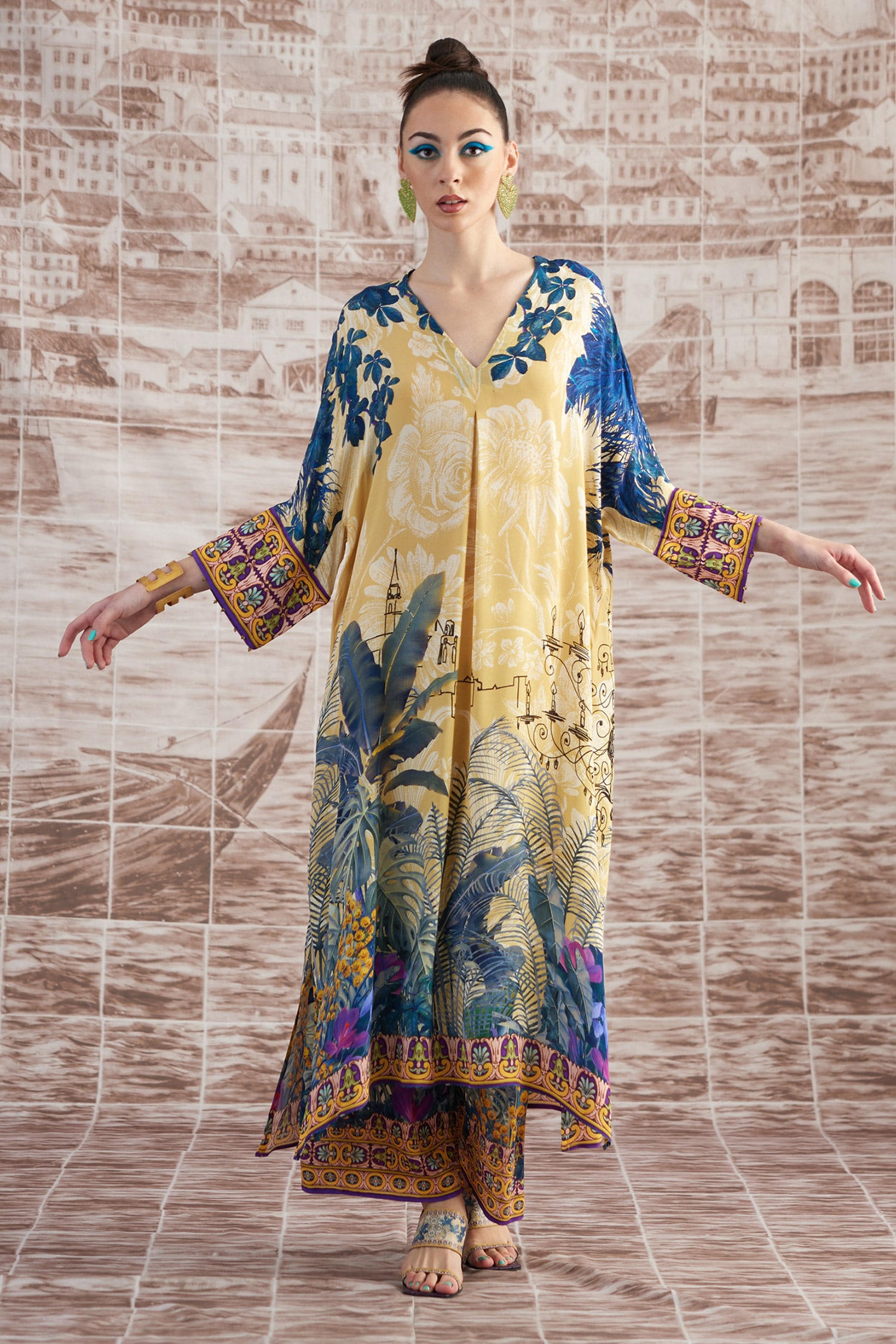 Buy Yellow Silk Digital Printed Banera Kimono Tunic And Flared Pant Set ...