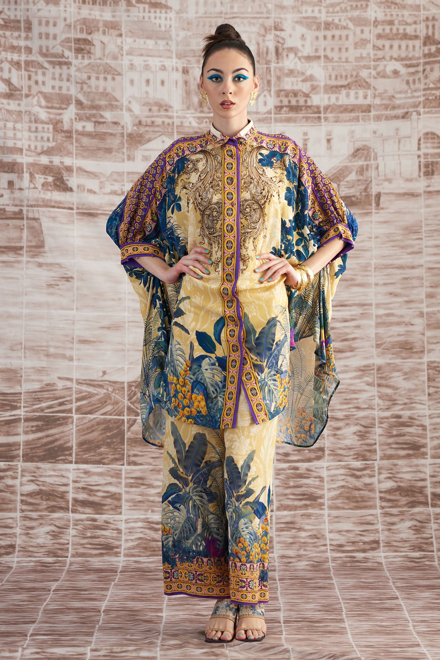 Buy Rajdeep Ranawat Yellow Kamara Silk Printed Shirt Tunic And Flared ...