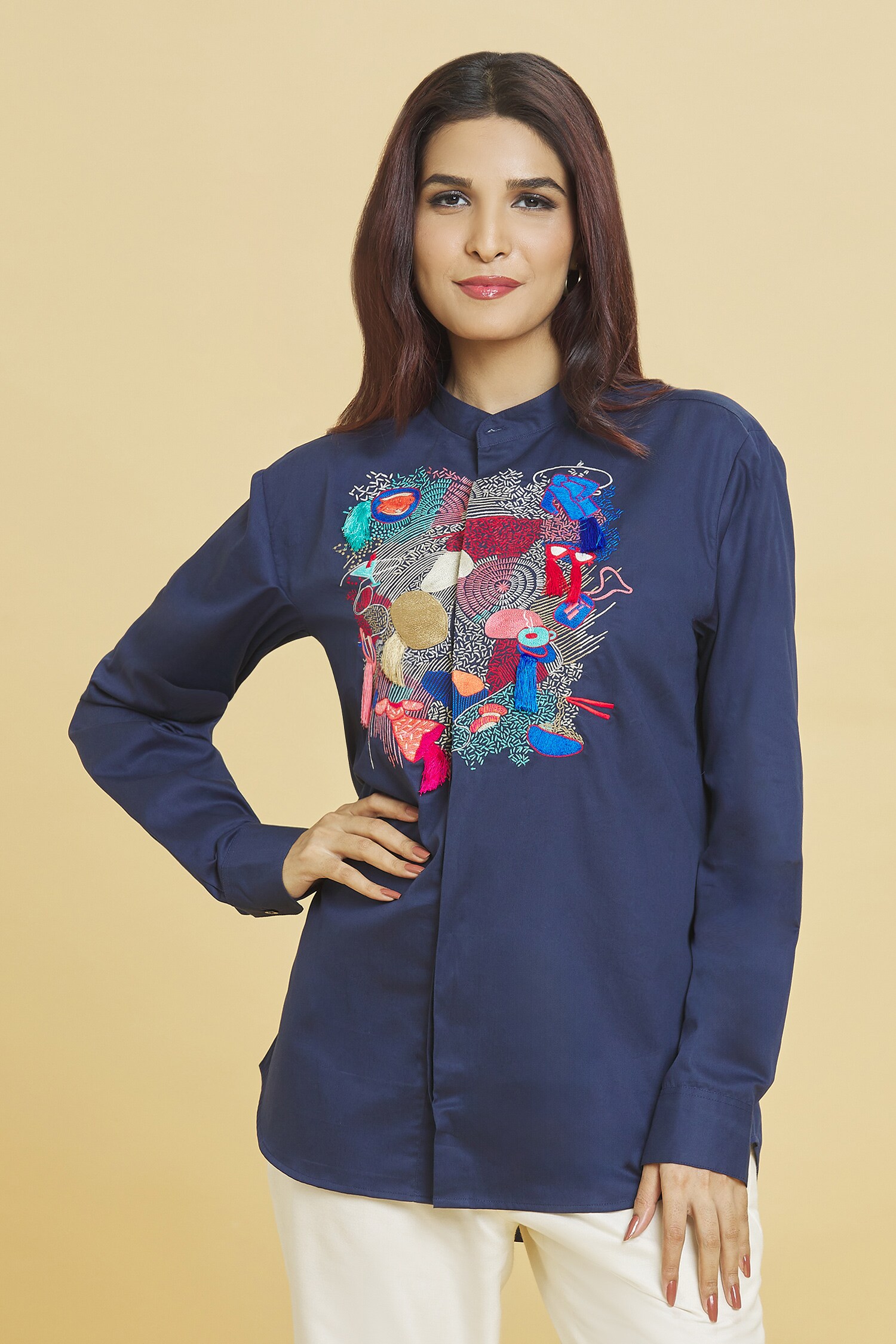 Buy Aiman Blue Cotton Doodle Embroidered Shirt Online | Aza Fashions
