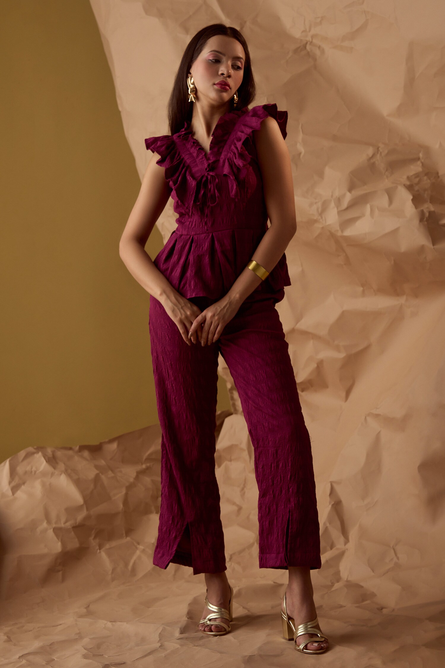 Buy Enness Studio Magenta Odette Textured Peplum Top With Pant Online ...