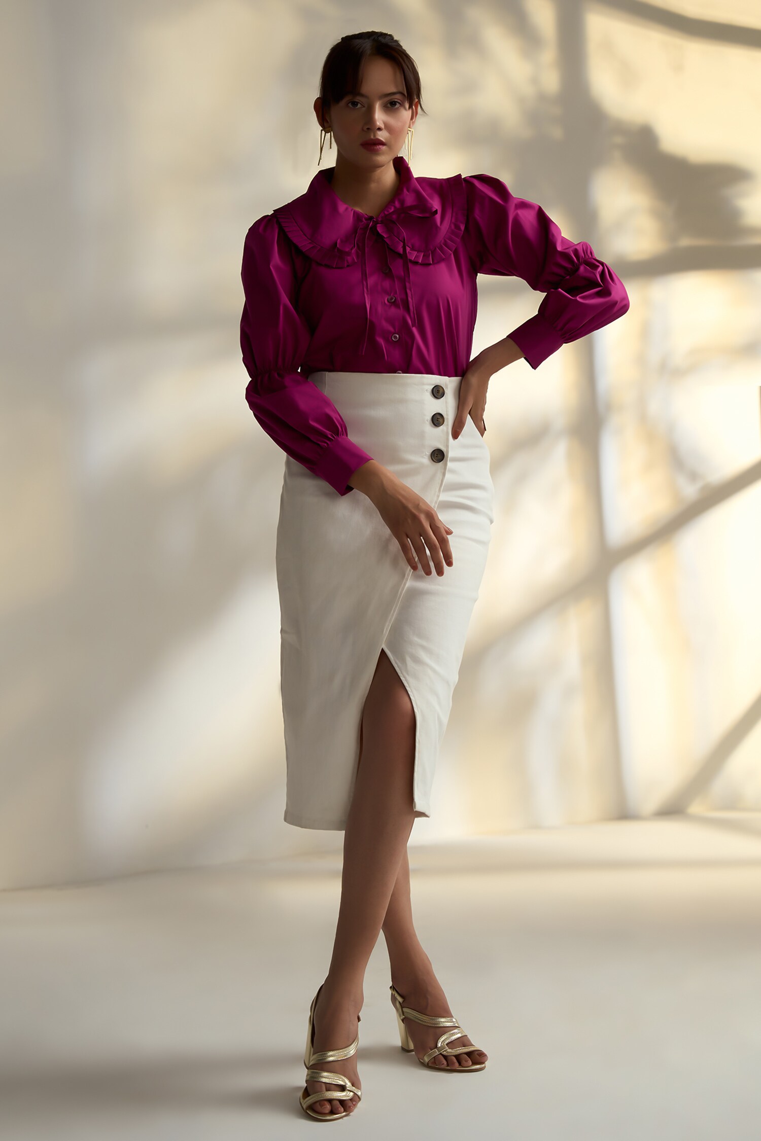 Buy Magenta Cotton Poplin Solid Peter Pan Collar Allure Front Tie Shirt ...