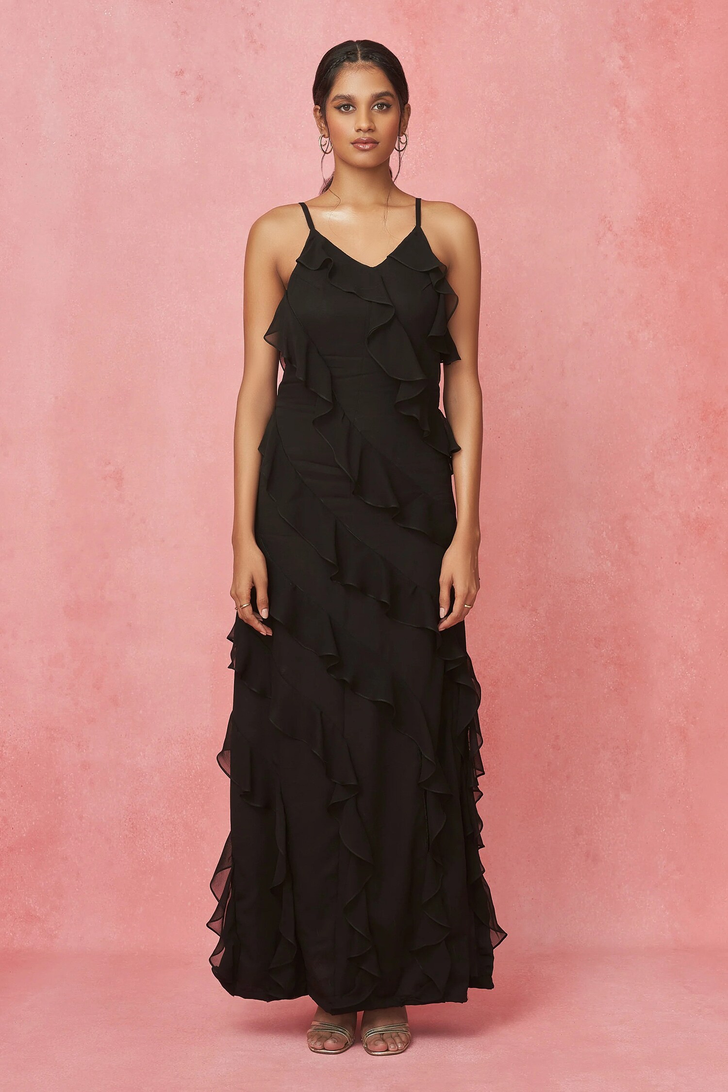 Buy Black Viscose Georgette V-neck Frill Detail Dress For Women by ...