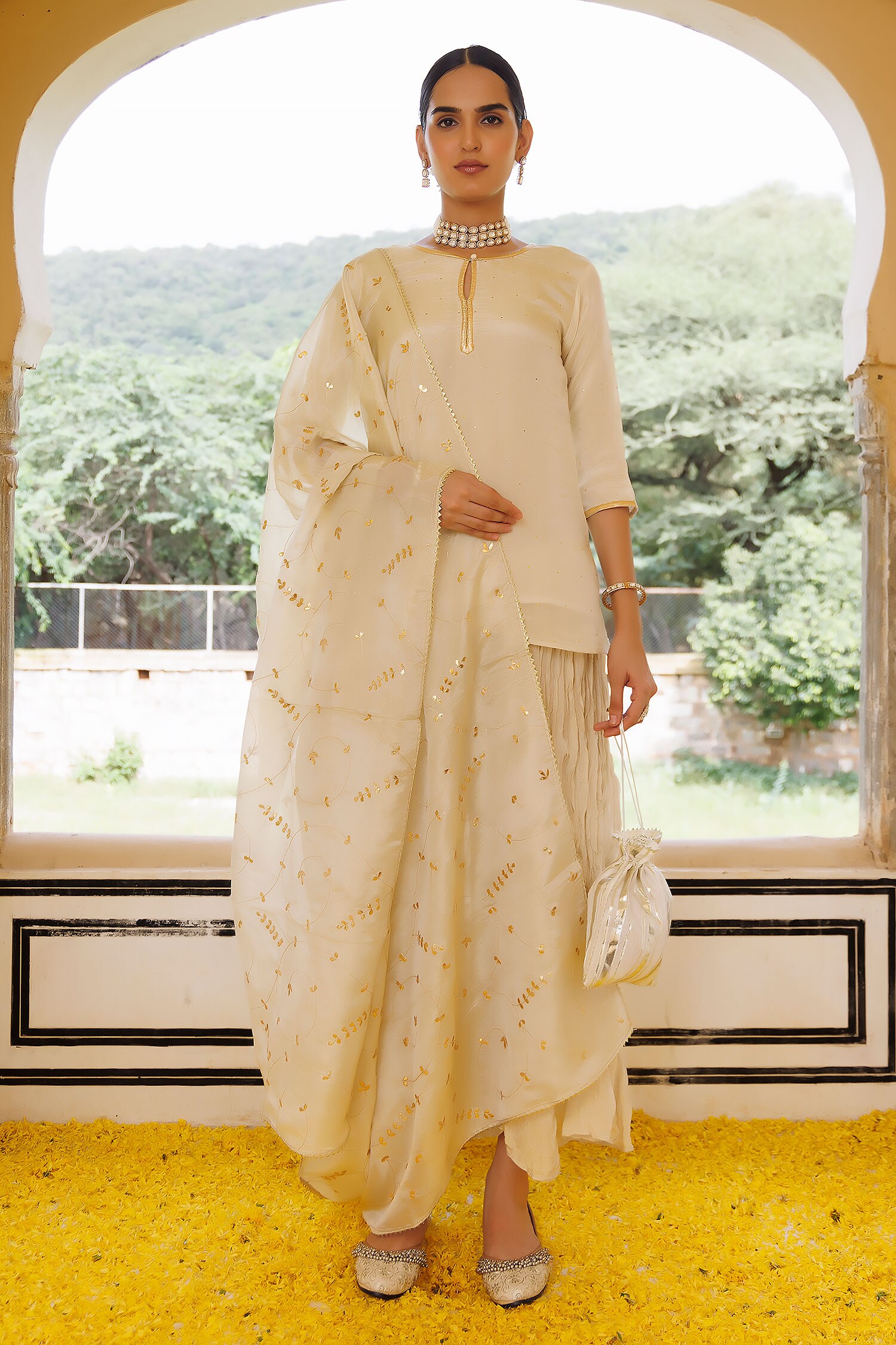 Buy Gold Chanderi Embellished Mukaish Keyhole Kurta Gharara Set For ...