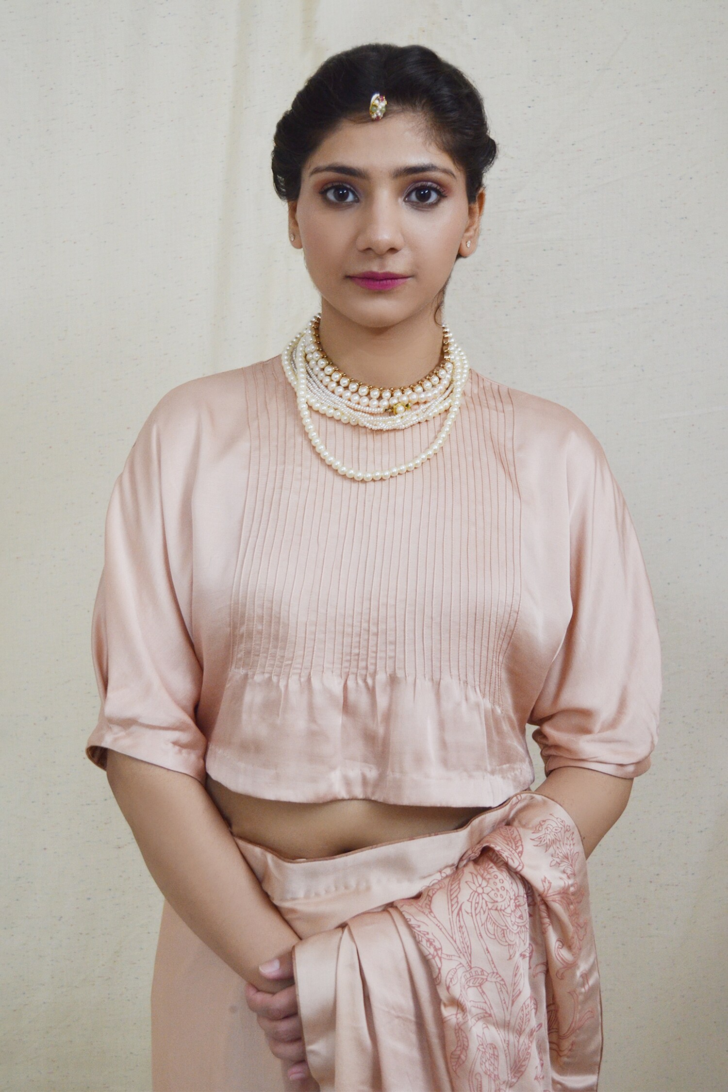 Buy Peach Modal Silk Plain Round Radiant Pintuck Blouse For Women by ...