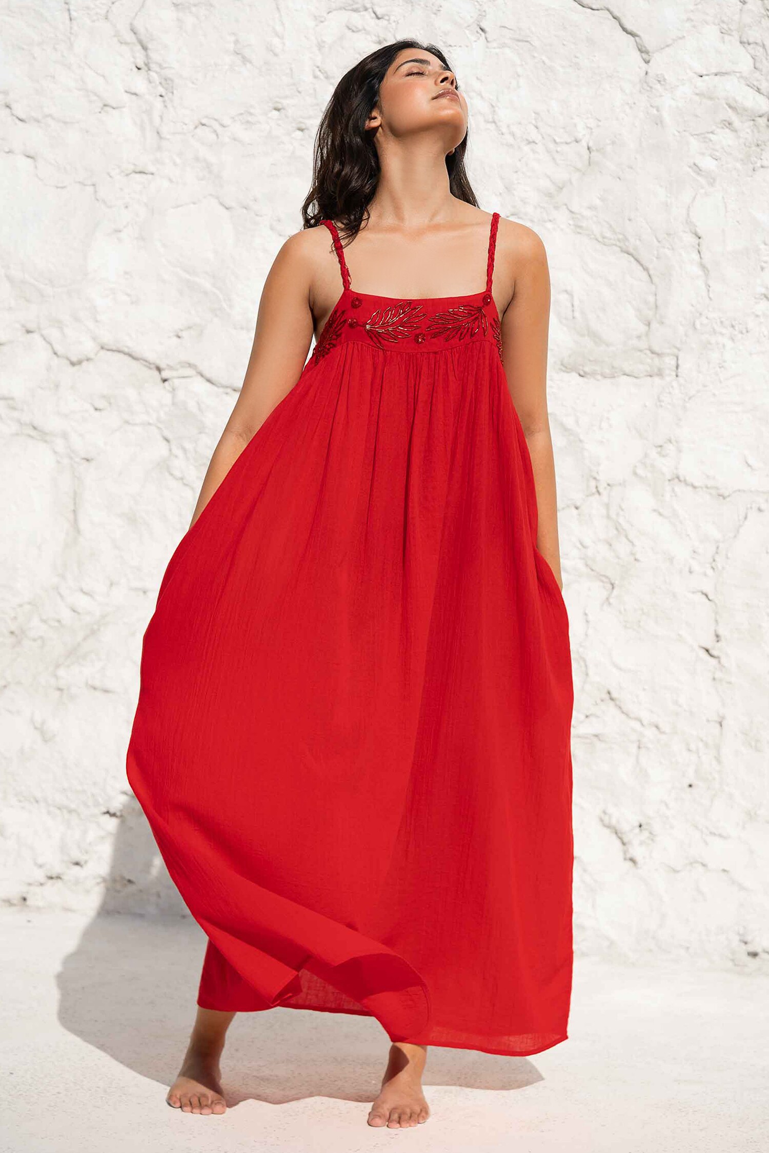 Buy Red Cotton Gauze Embellished Yoke Leaf Square Neck Scarlet Dress ...