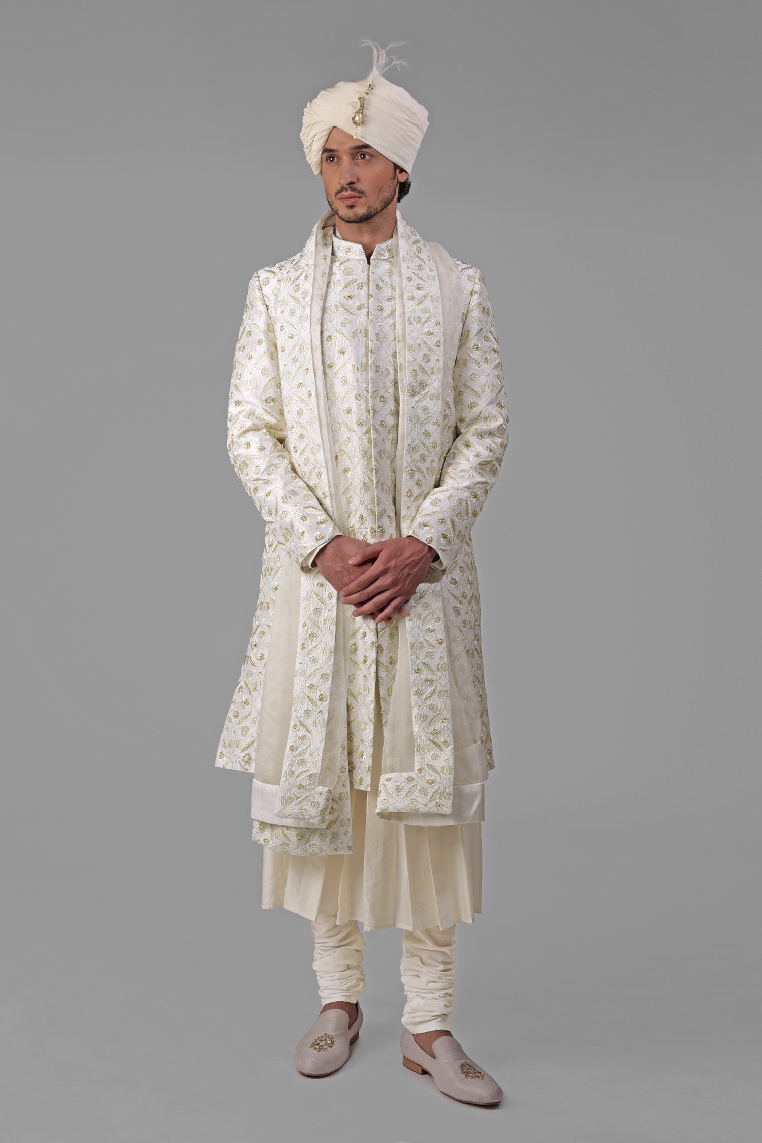Buy Ivory Silk Embroidered Thread Sherwani Set For Men by Talking ...