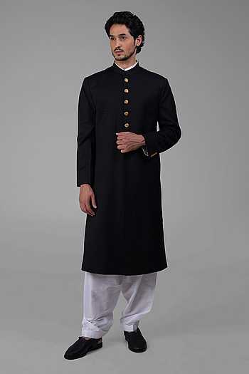 Buy Talking Threads Black Silk Sherwani And Pathani Set Online | Aza ...
