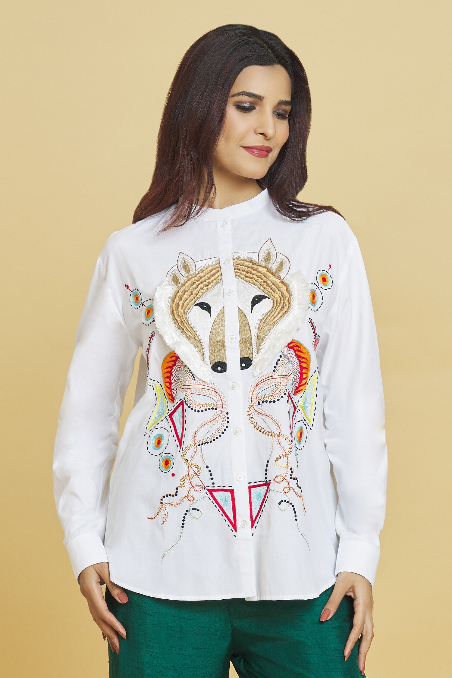 Buy Aiman Ivory Cotton Wolf Embroidered Shirt Online | Aza Fashions