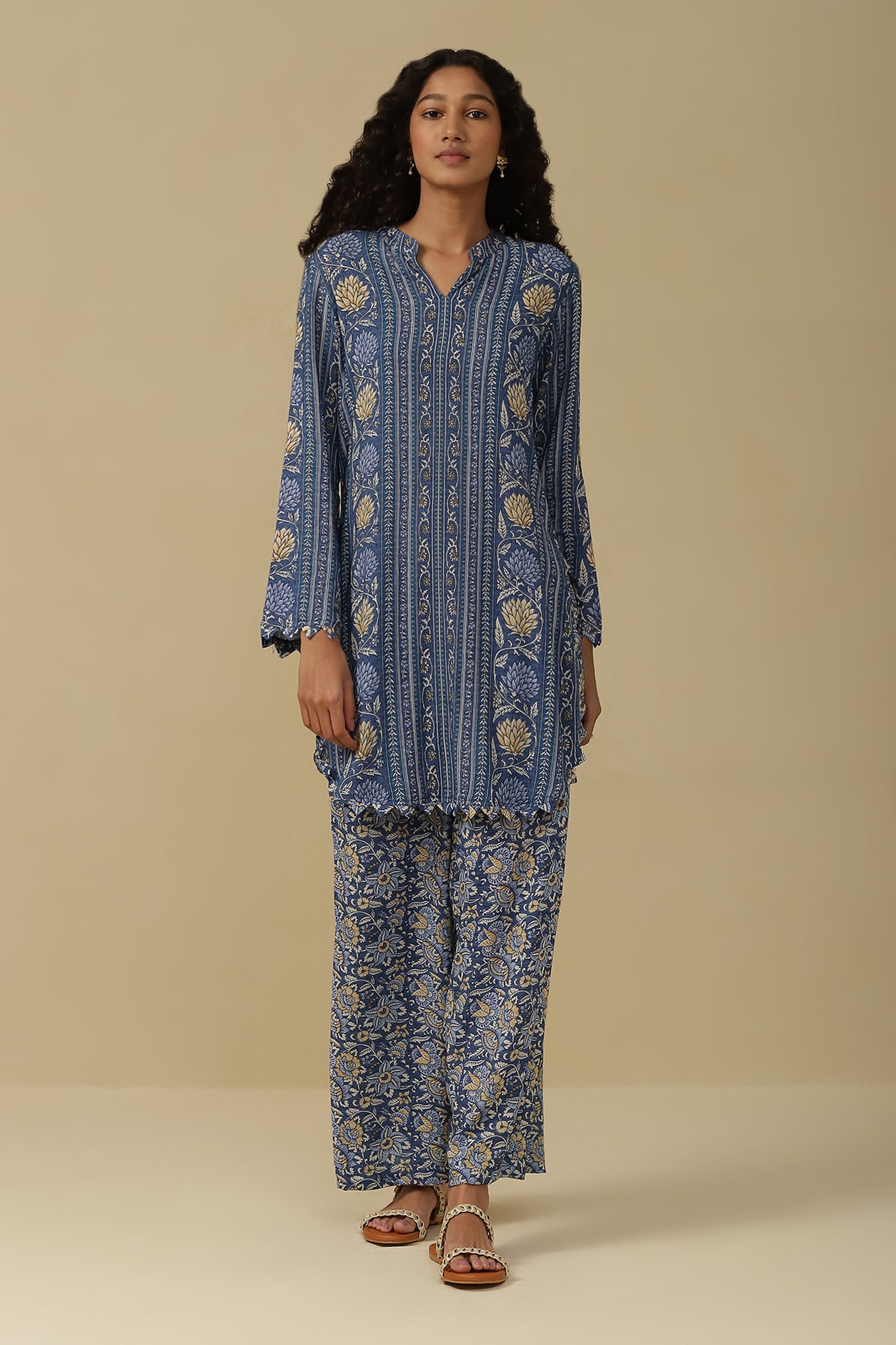 Buy Aarke Ritu Kumar Blue Rayon Floral Vine Print Kurta And Pant Set ...