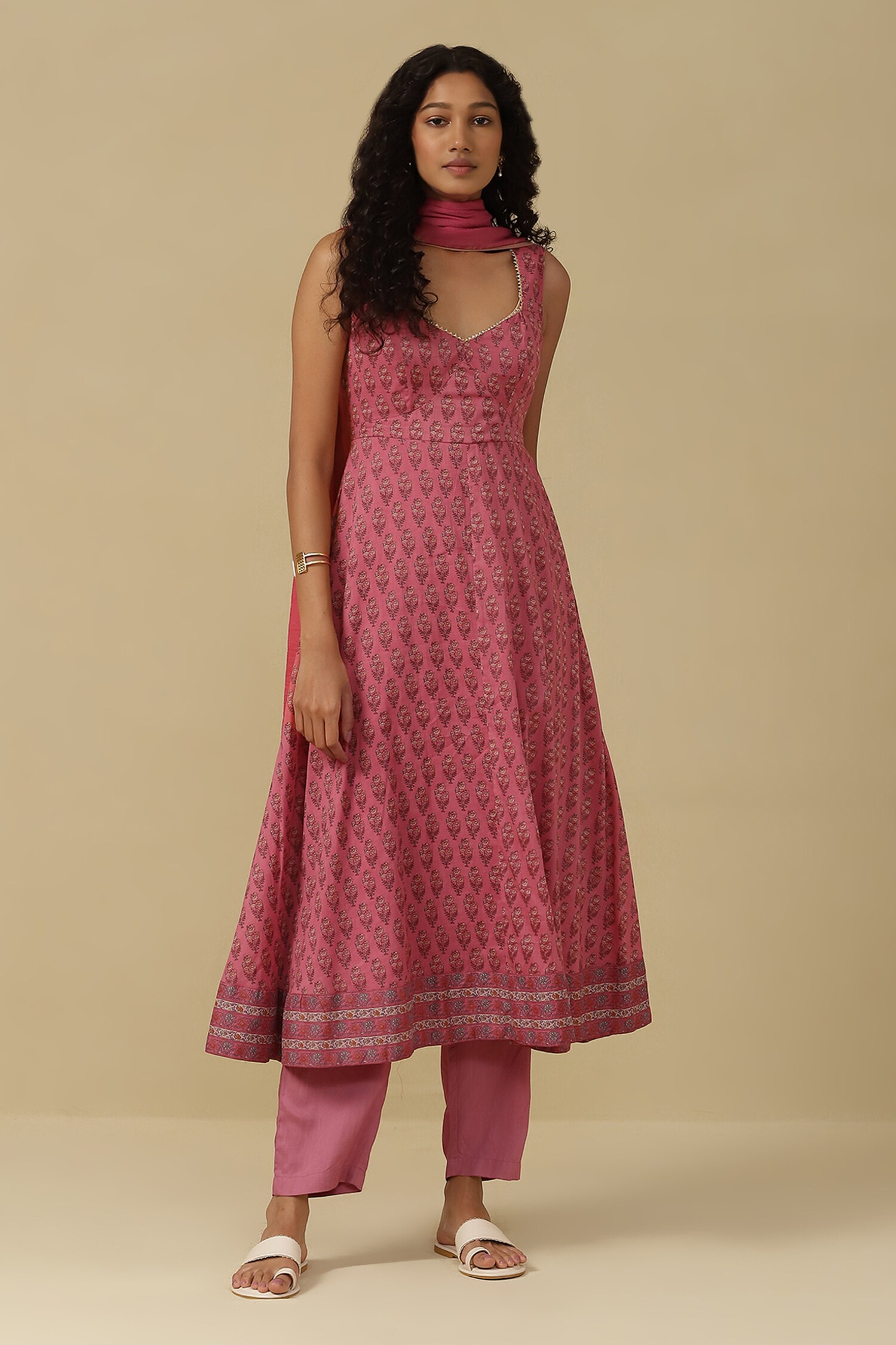 Buy Aarke Ritu Kumar Pink Floral Print Cotton Anarkali Pant Set Online ...