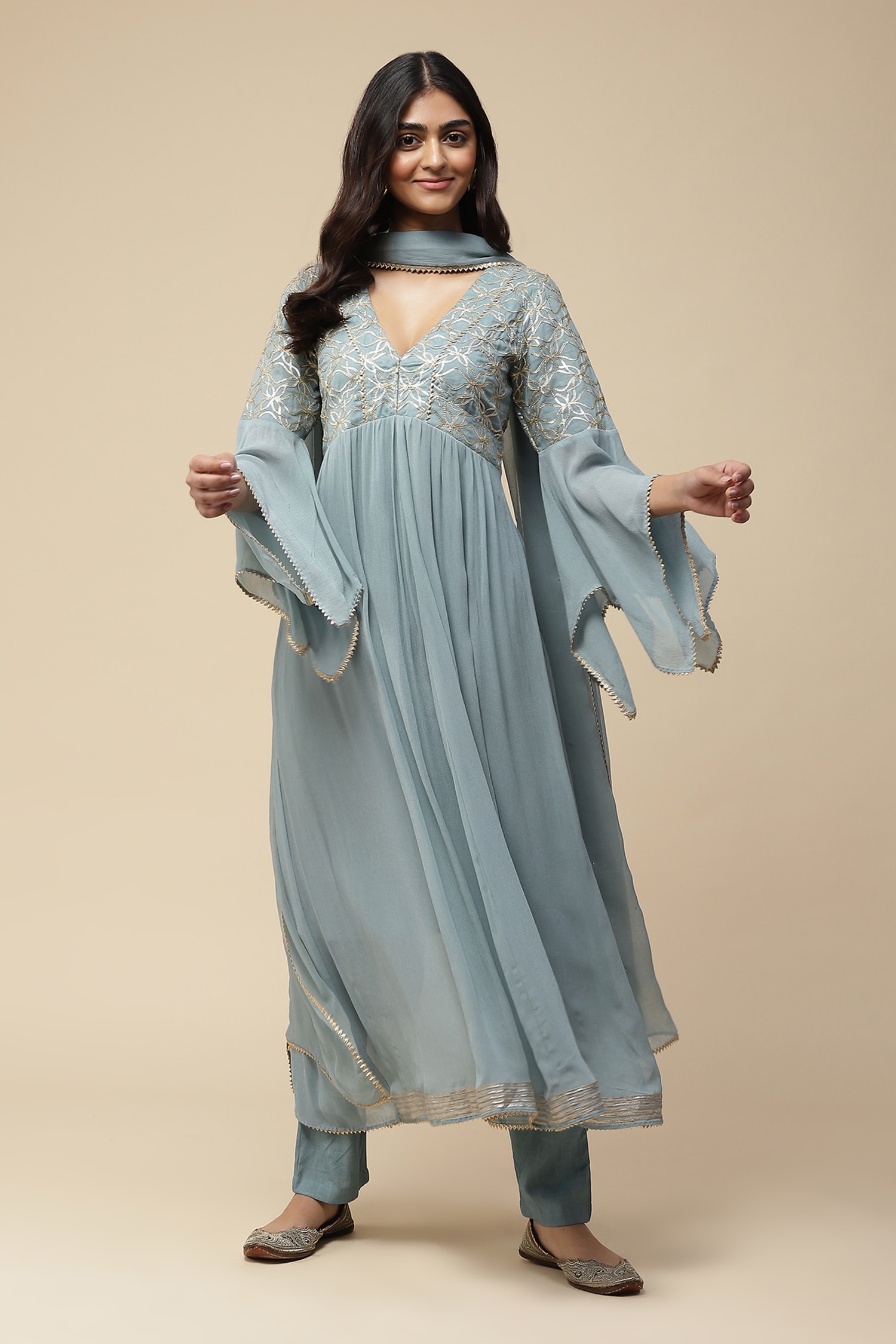 Buy Aarke Ritu Kumar Grey Blended Fabric Embroidered Bodice Anarkali ...