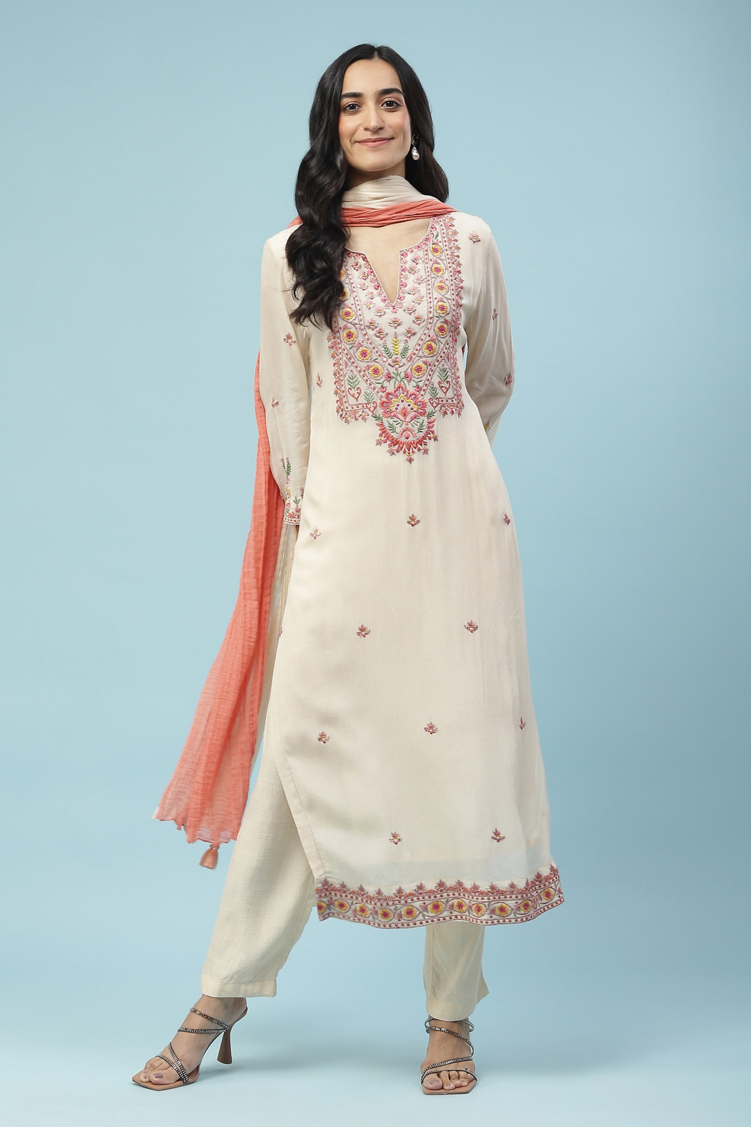 Buy Off White Cotton Embroidered Floral Notched Kurta Pant Set For ...