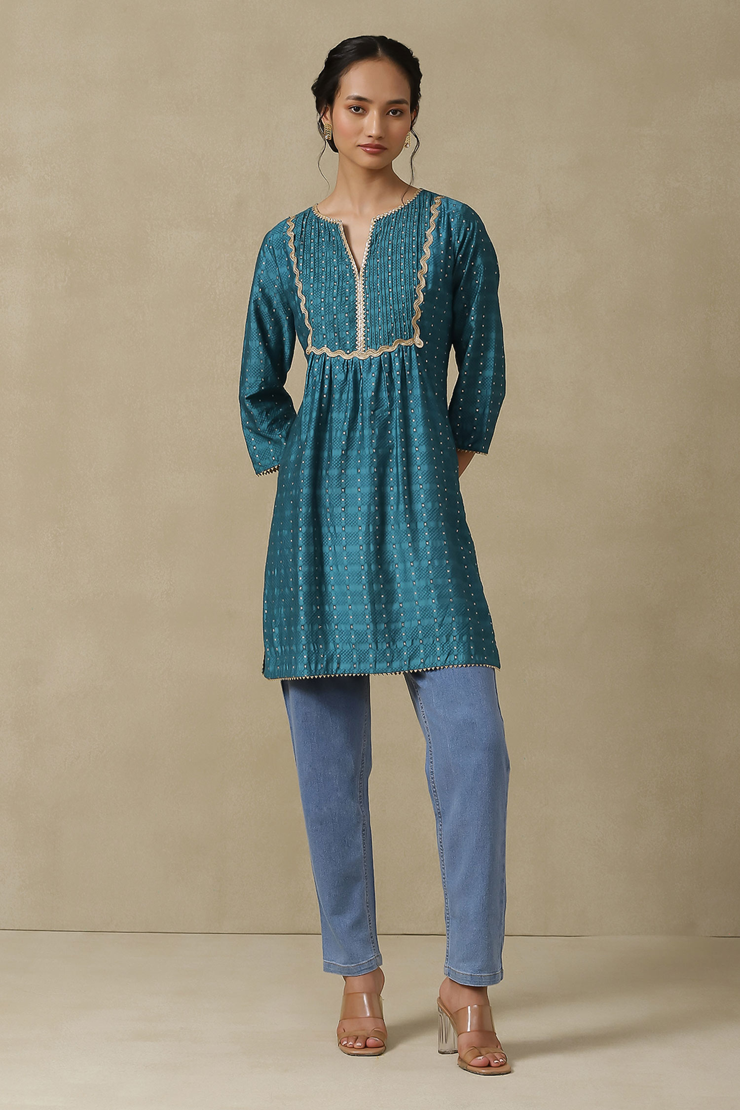 Buy Aarke Ritu Kumar Blue Nylon Geometric Embroidered Kurta Online ...
