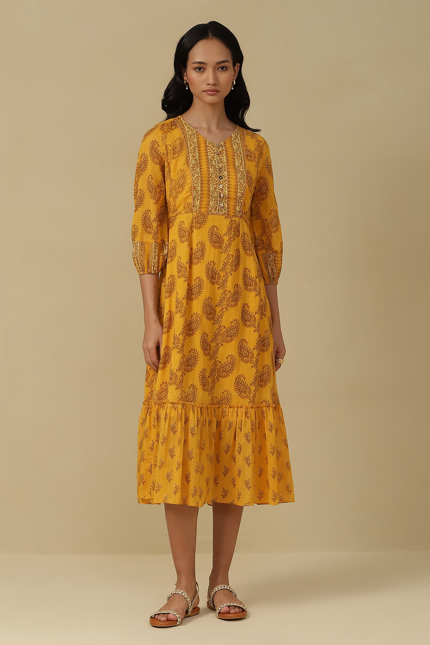 Buy Aarke Ritu Kumar Yellow Blended Paisley And Floral Print Dress ...