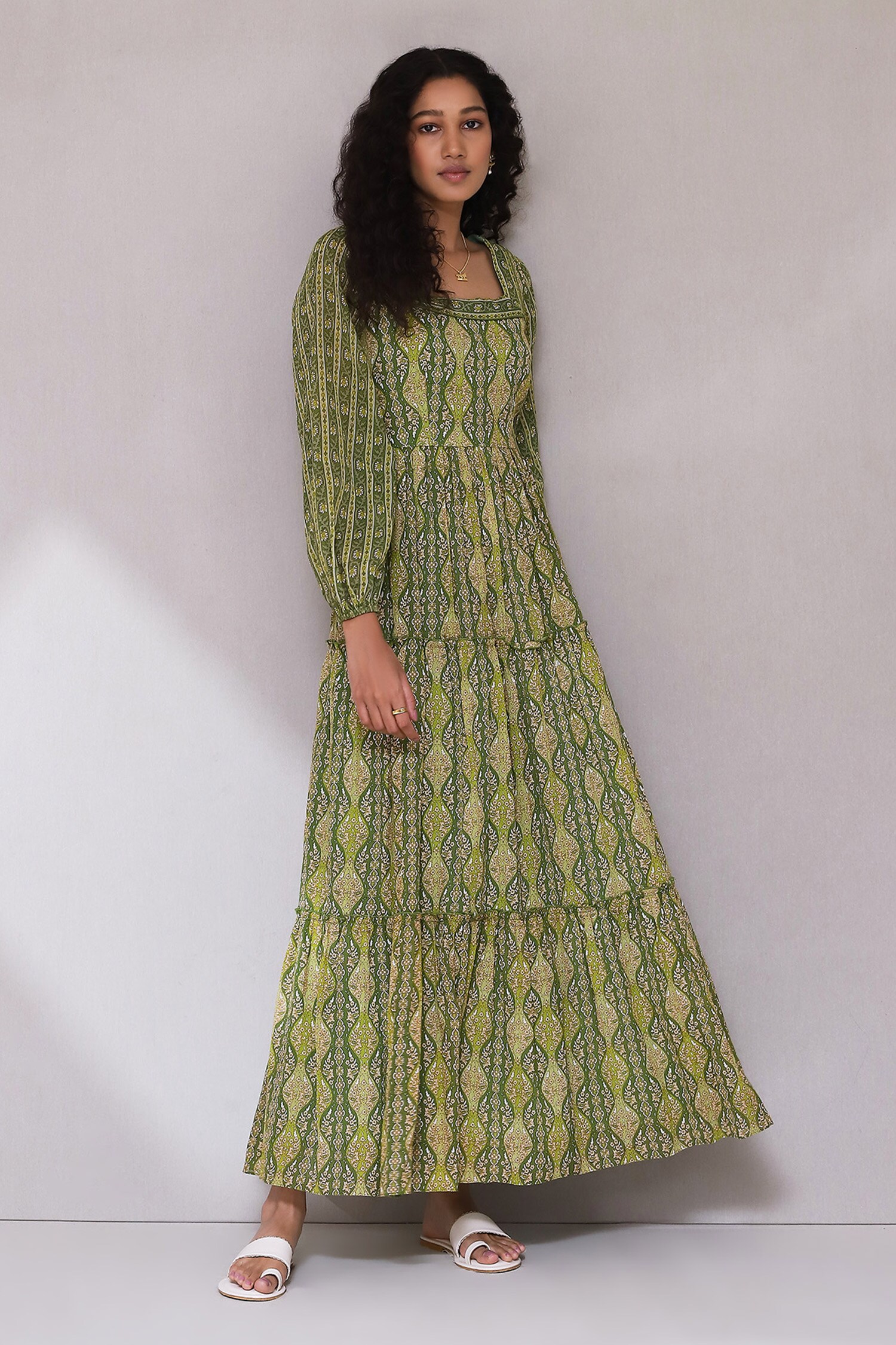 Buy Aarke Ritu Kumar Green Blended Geometric Print Dress Online | Aza ...