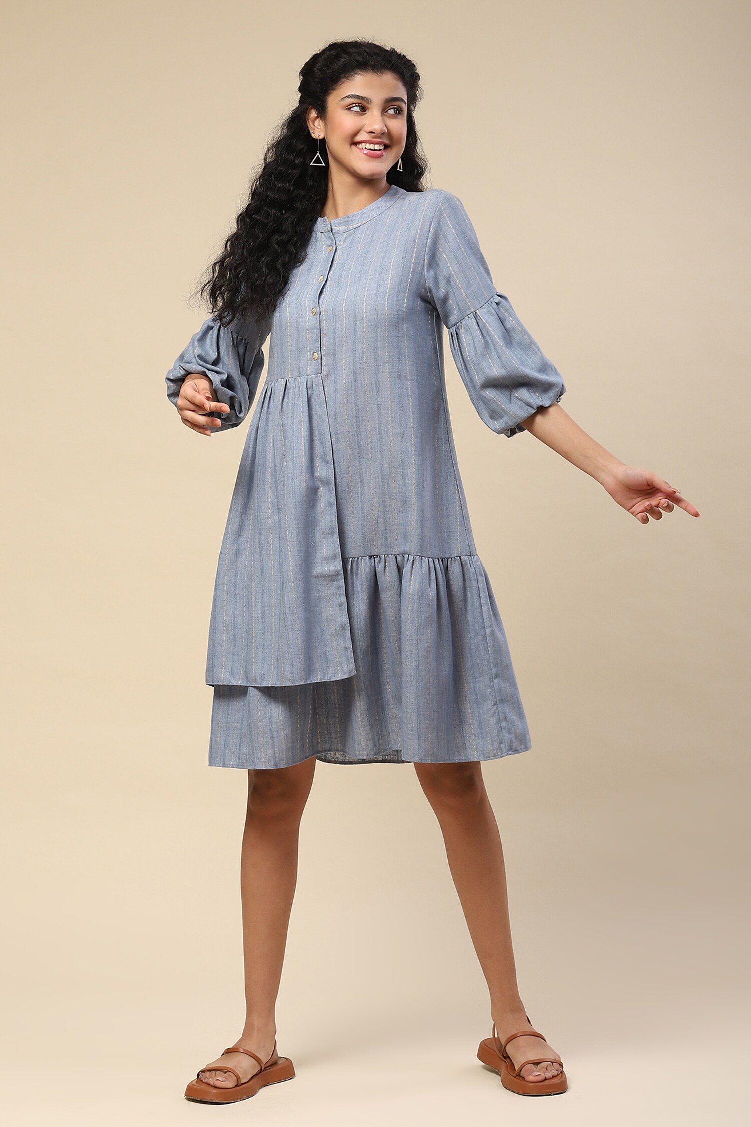 Buy Blue Cotton Woven Stripe Pattern Round Collar Layered Tiered Dress ...