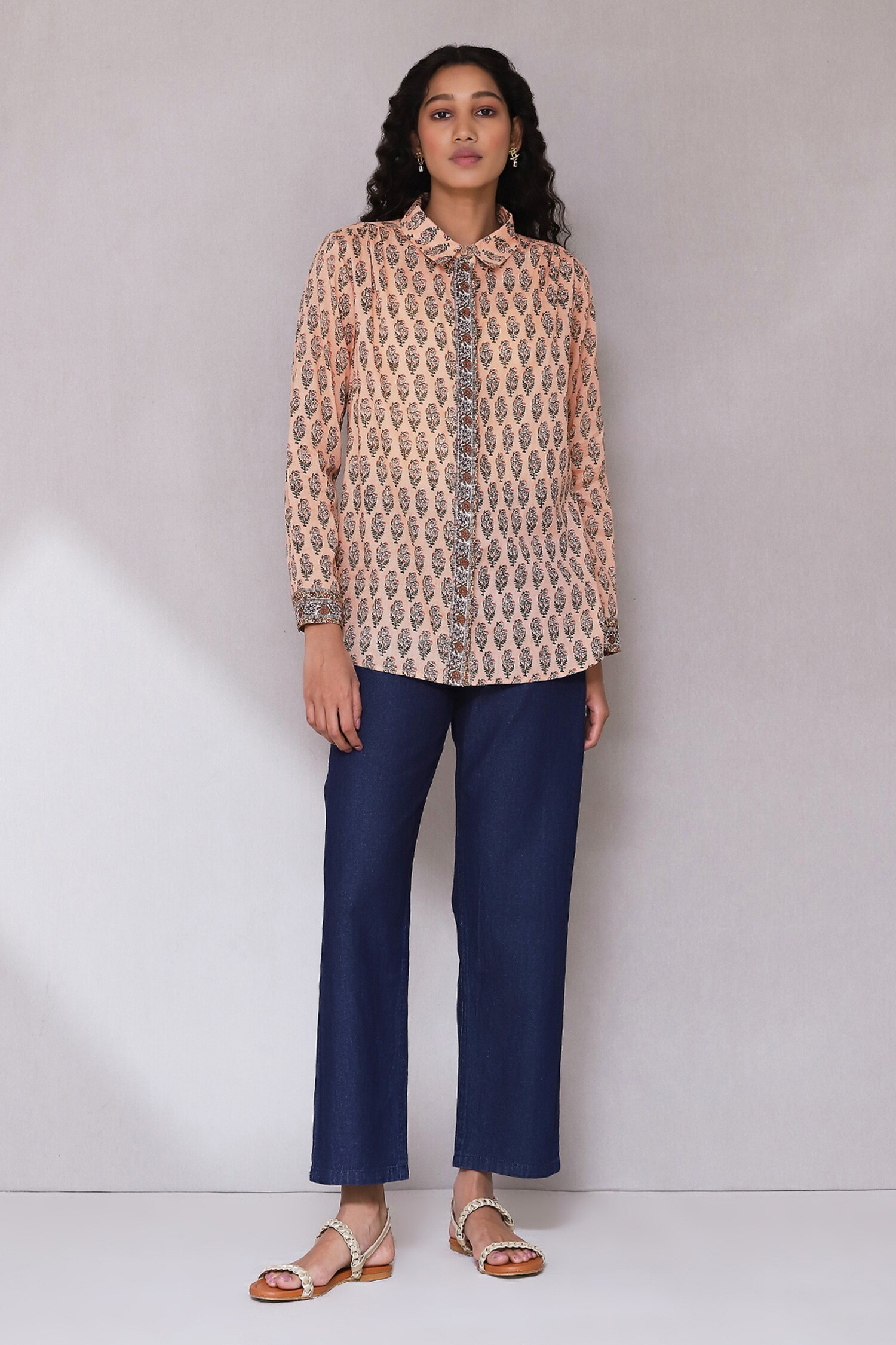 Buy Aarke Ritu Kumar Peach Floral Print Cotton Shirt Online | Aza Fashions