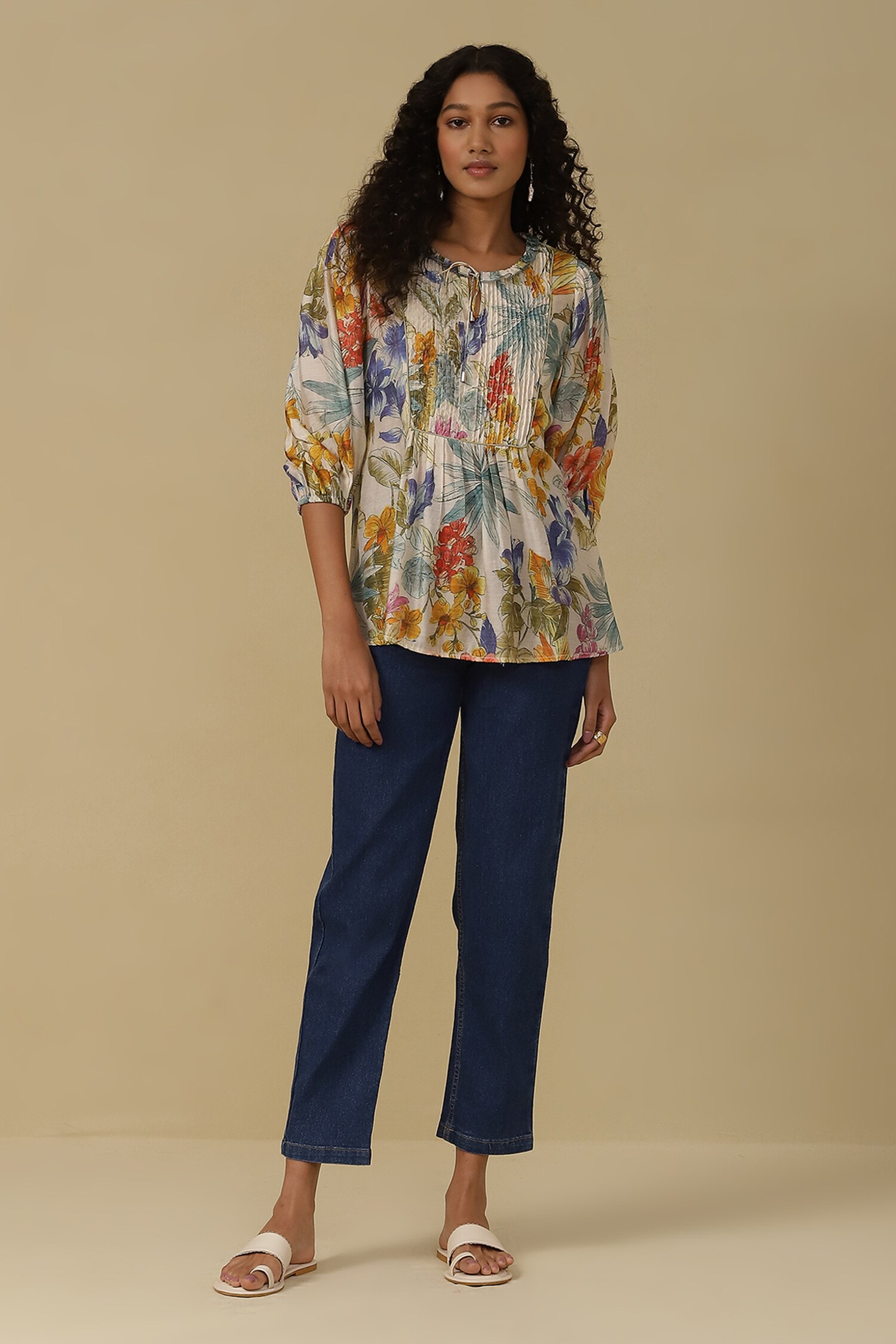 Buy Aarke Ritu Kumar White Viscose Pintucked Yoke Floral Print Top ...
