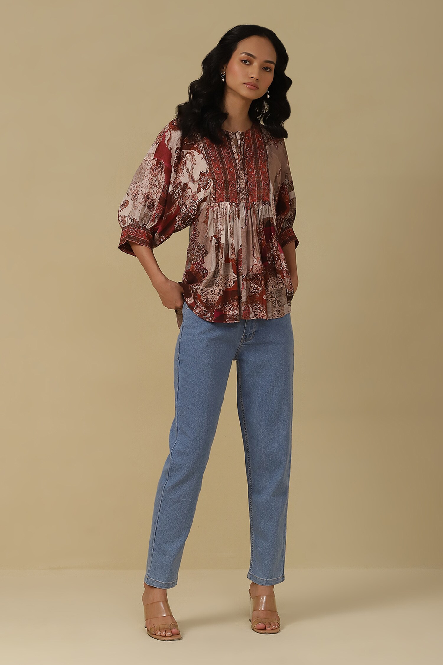 Buy Aarke Ritu Kumar Wine Viscose Pintucked Yoke Vintage Print Top ...