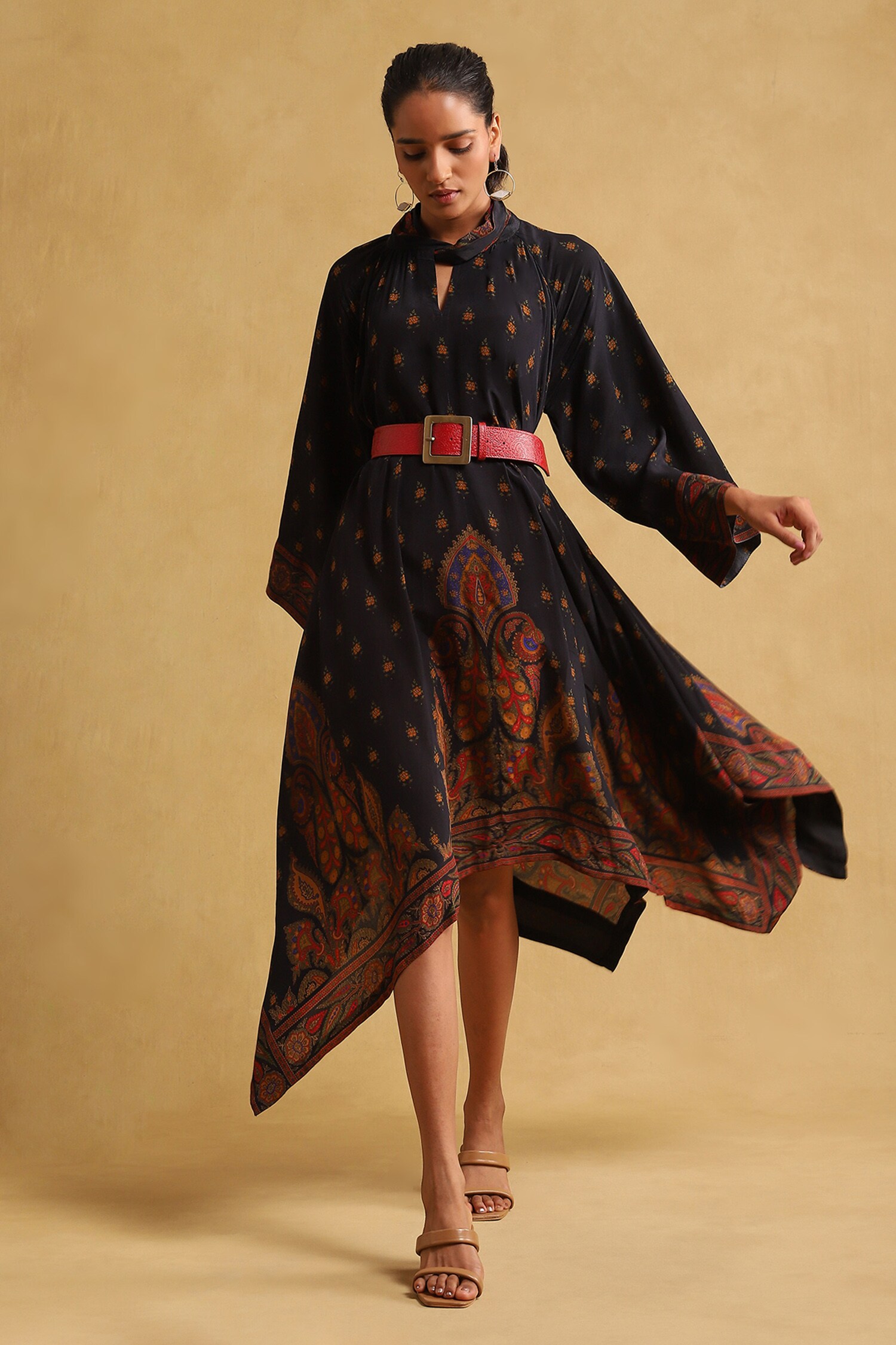 Buy Ritu Kumar Black Viscose Paisley Print Asymmetric Kurta Online ...