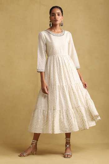 Buy White Cotton Silk Embroidered Round Tiered Dress For Women by Ritu ...