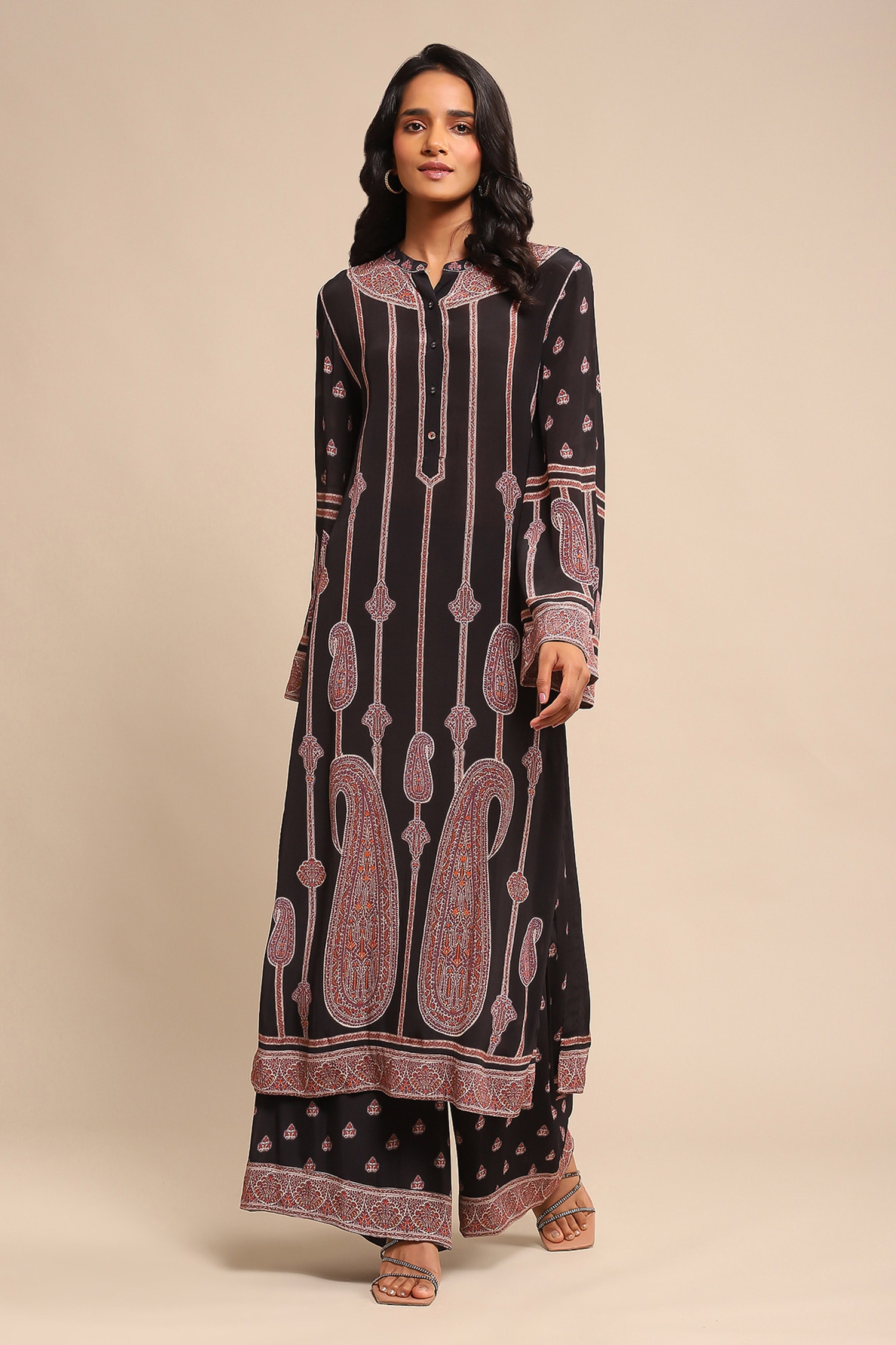 Buy Black Crepe Printed Paisley Band Collar Kurta And Palazzo Set For ...