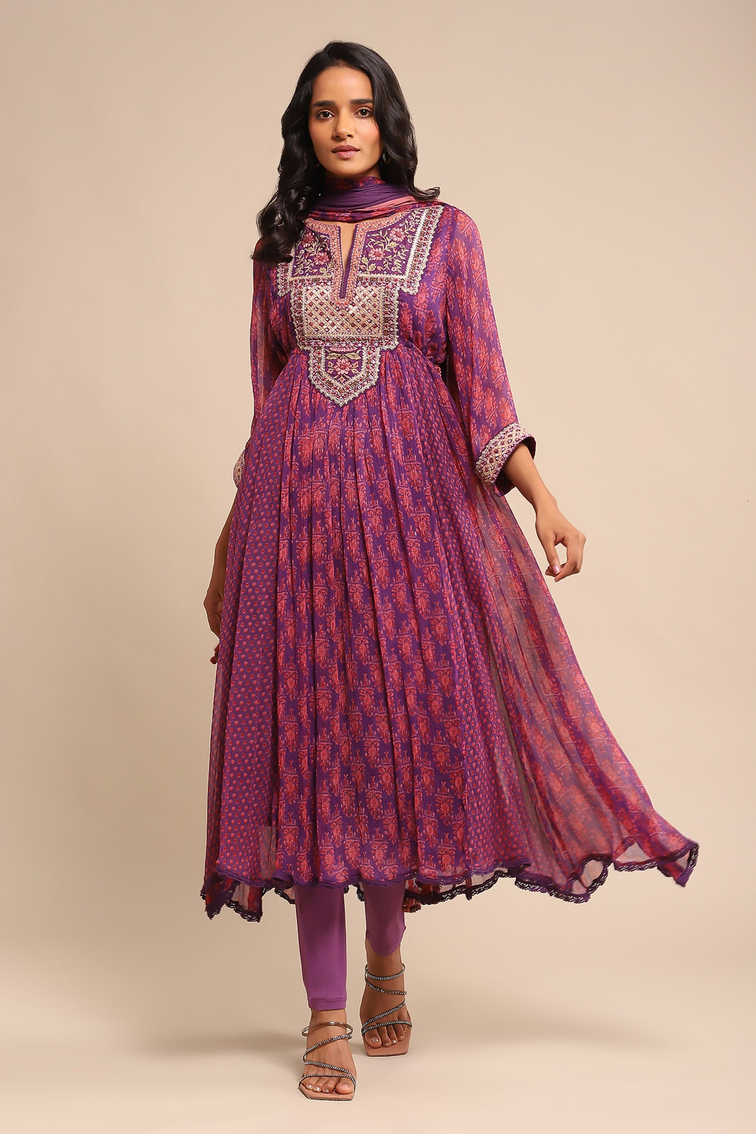 Buy Ritu Kumar Purple Viscose Embroidered Yoke Anarkali Set Online ...