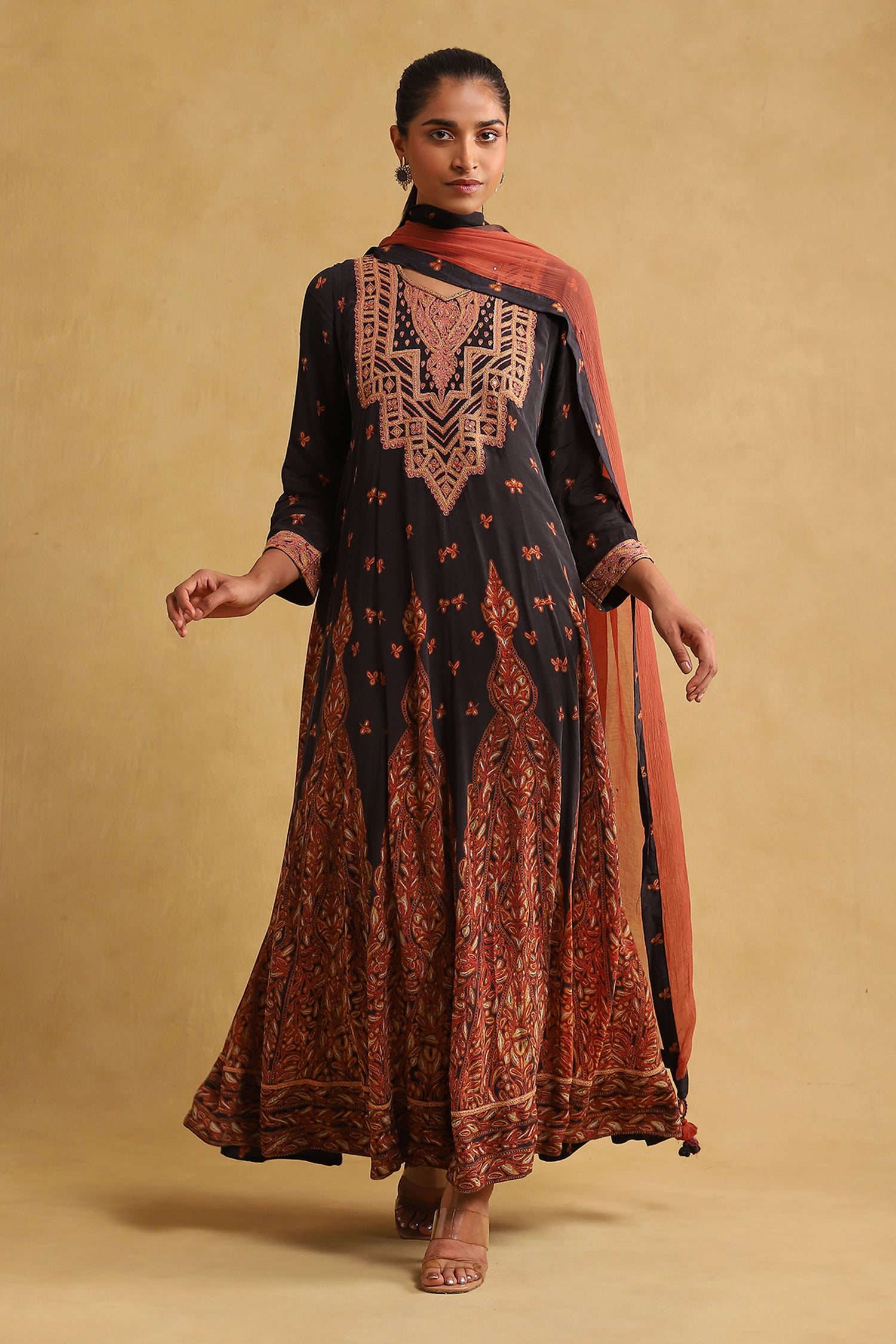 Buy Ritu Kumar Black Viscose Floral Pattern Anarkali Set Online | Aza ...