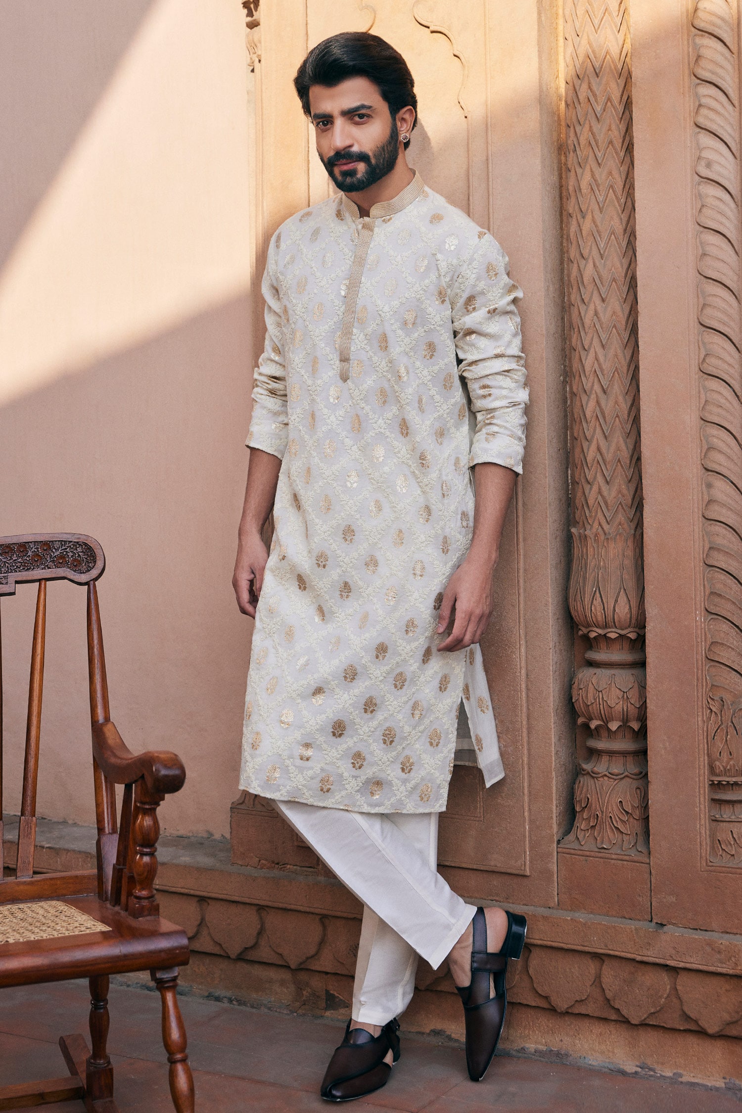 Buy Ivory Banarasi Chanderi Silk Brocade Cord Kurta And Pyjama Set For ...