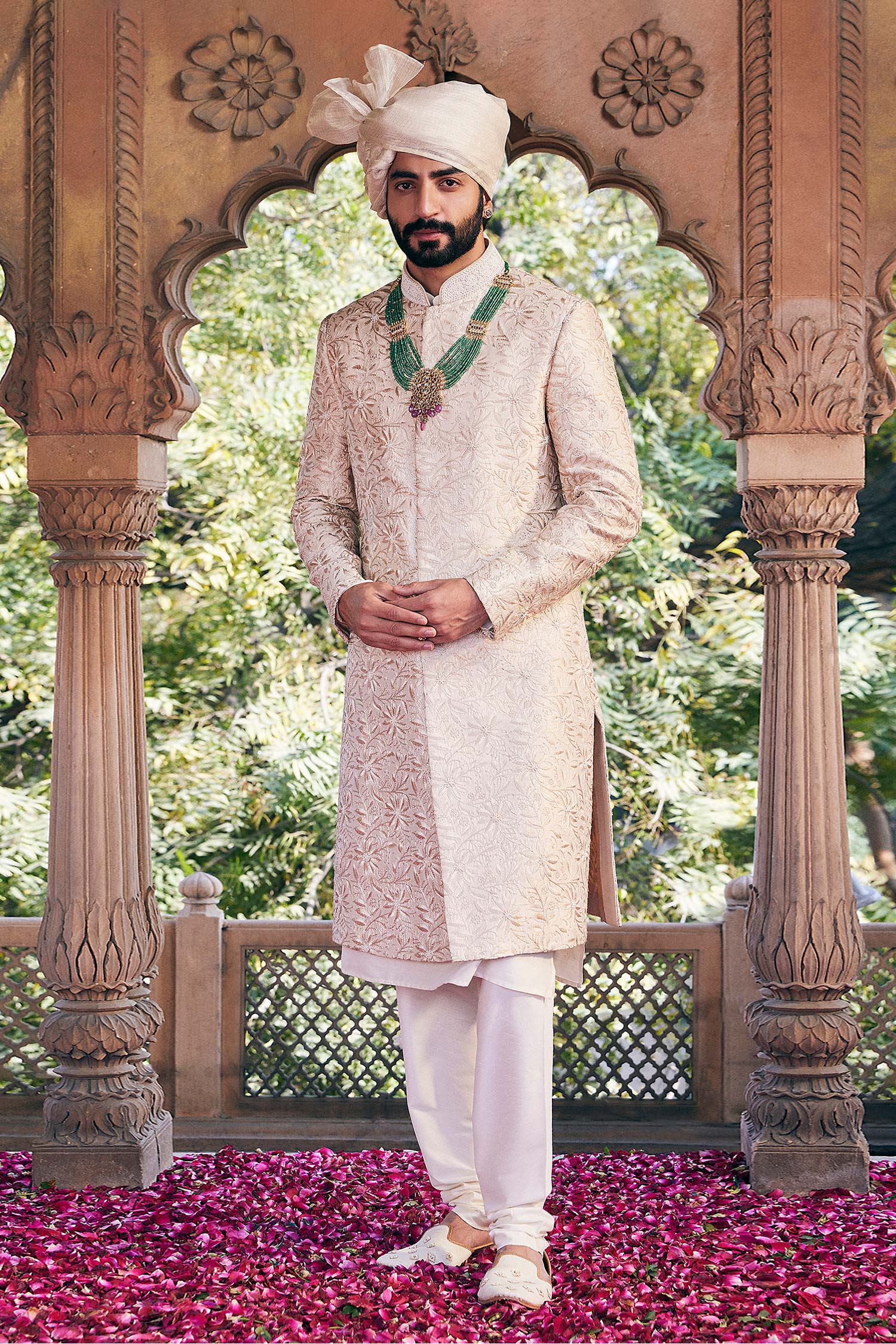Buy Cream Raw Silk Embroidered Thread Tonal Sherwani Churidar Set For ...