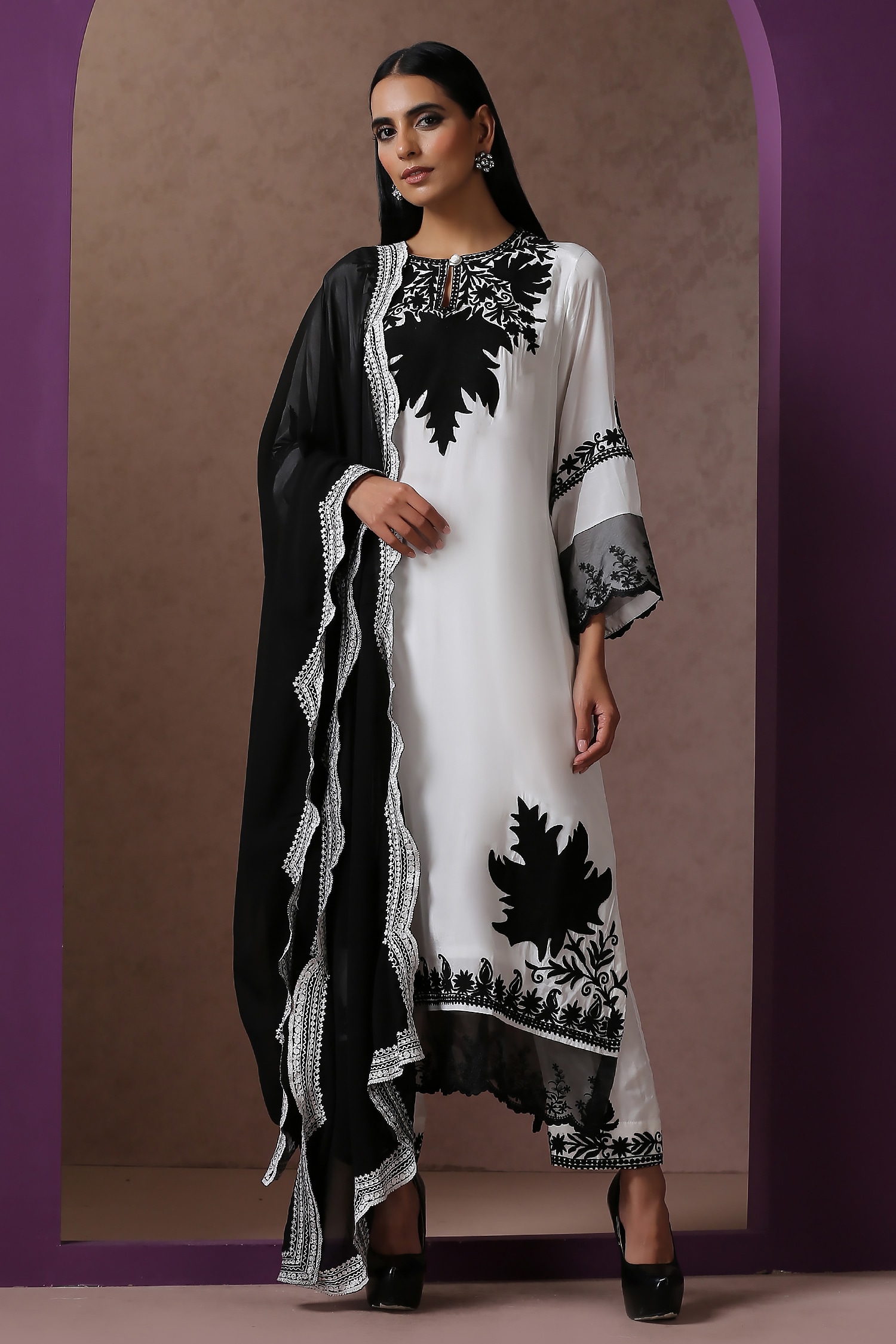 Buy White Crepe Embroidery Kashmiri Aari Round Neck Kurta Set For Women ...