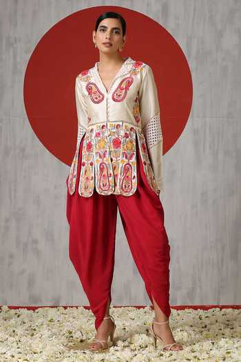Buy Wazir C Off White Silk Kashmiri Aari Embroidered Jacket And Tulip ...