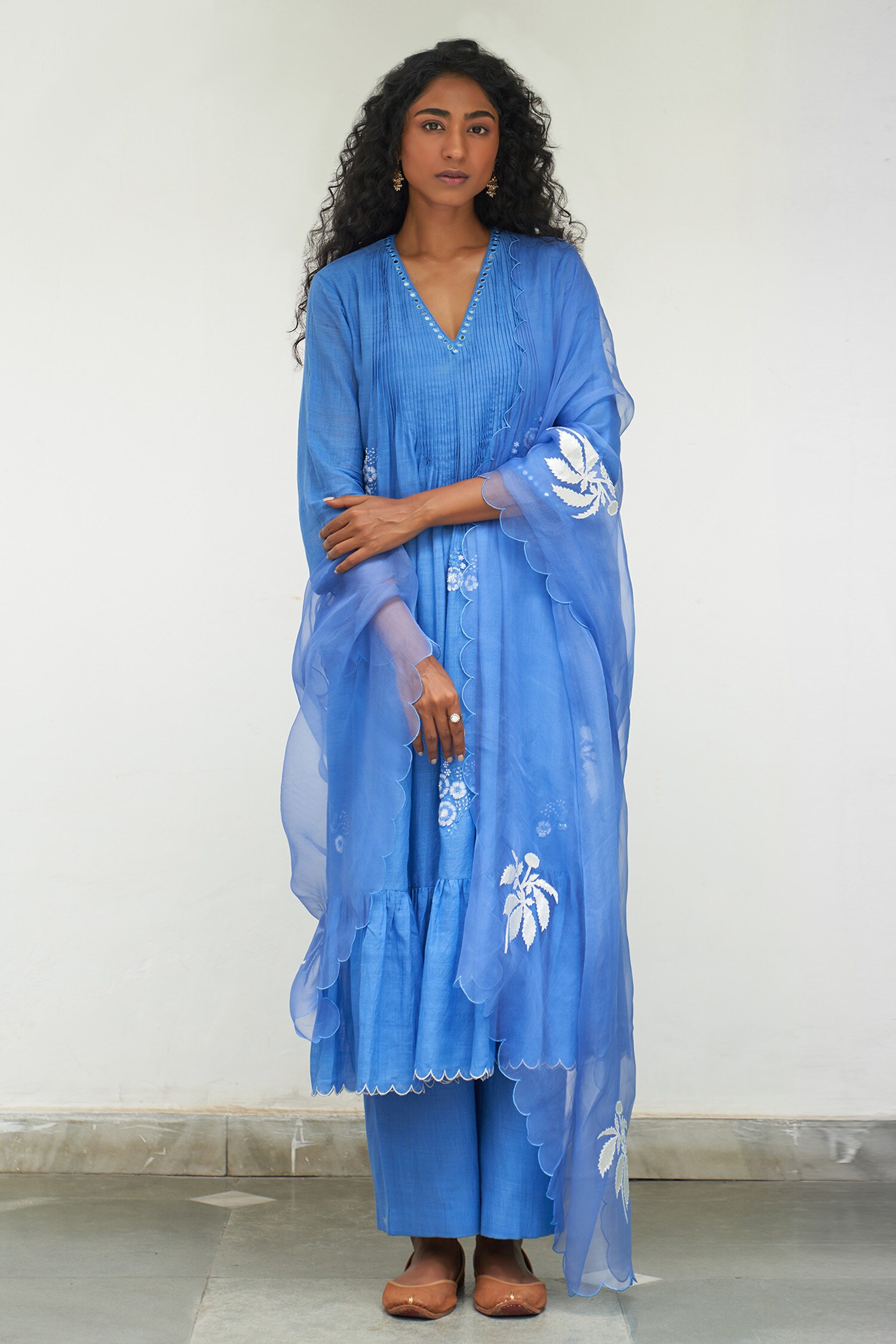 Buy Blue Mangalgiri Cotton Embroidery Asmani Champa Sitara Anarkali Set ...