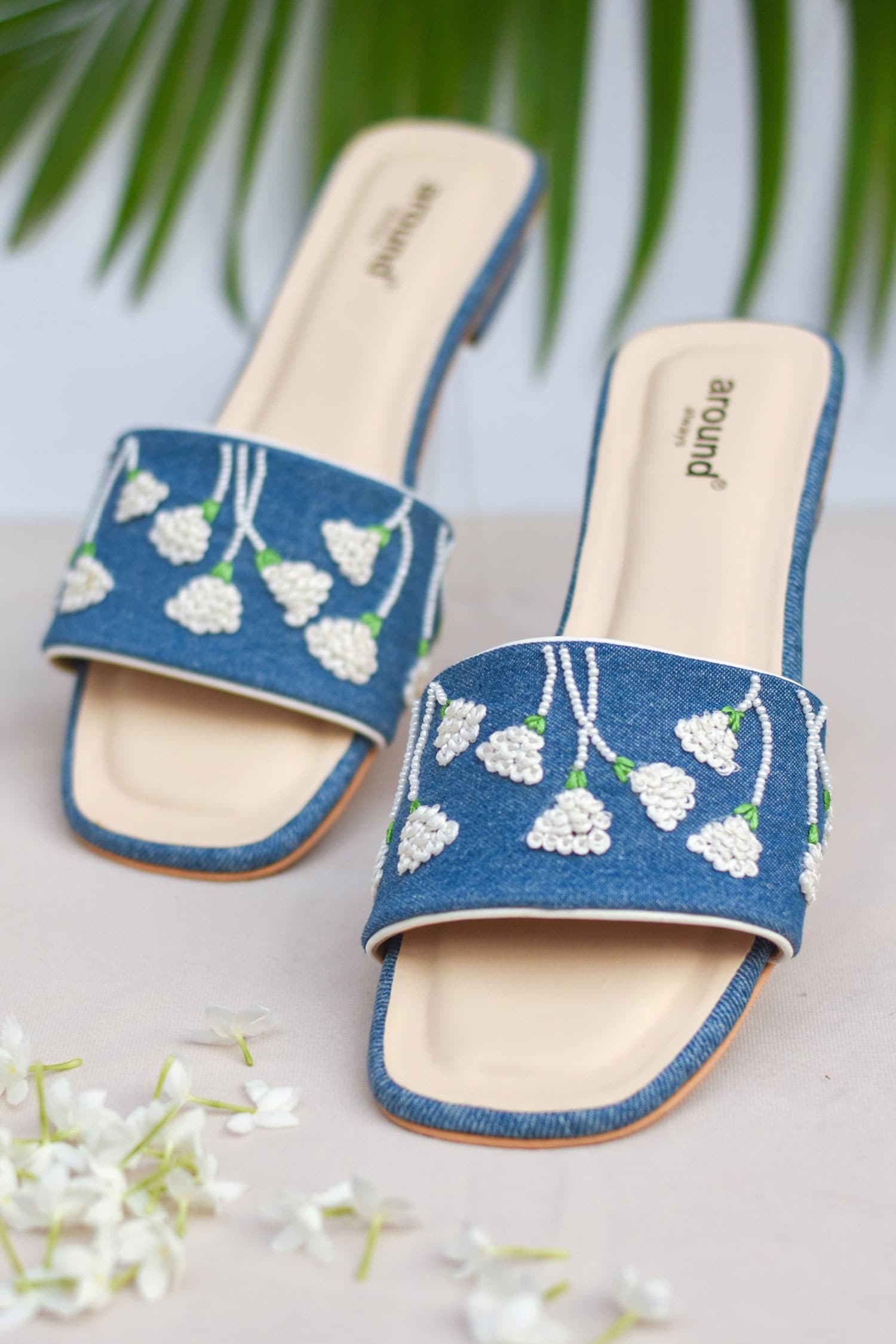 Buy Around Always Blue Gardenia Embroidered Denim Sliders Online | Aza ...