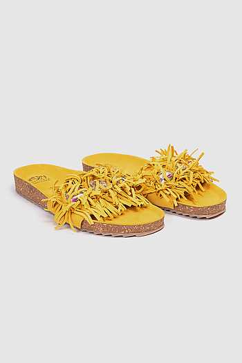 Buy Stilista Yellow Leather Bushy Blossom Embellished Sliders Online ...