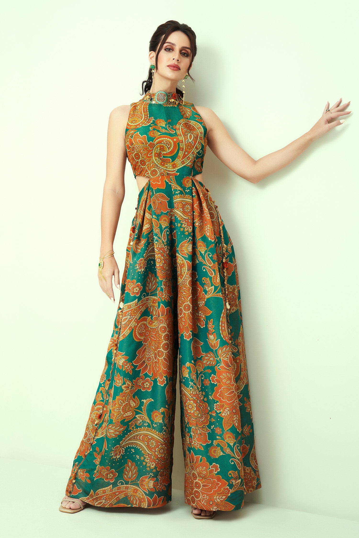 Buy Blue Tissue Organza Printed Floral High Neck And Paisley Jumpsuit ...