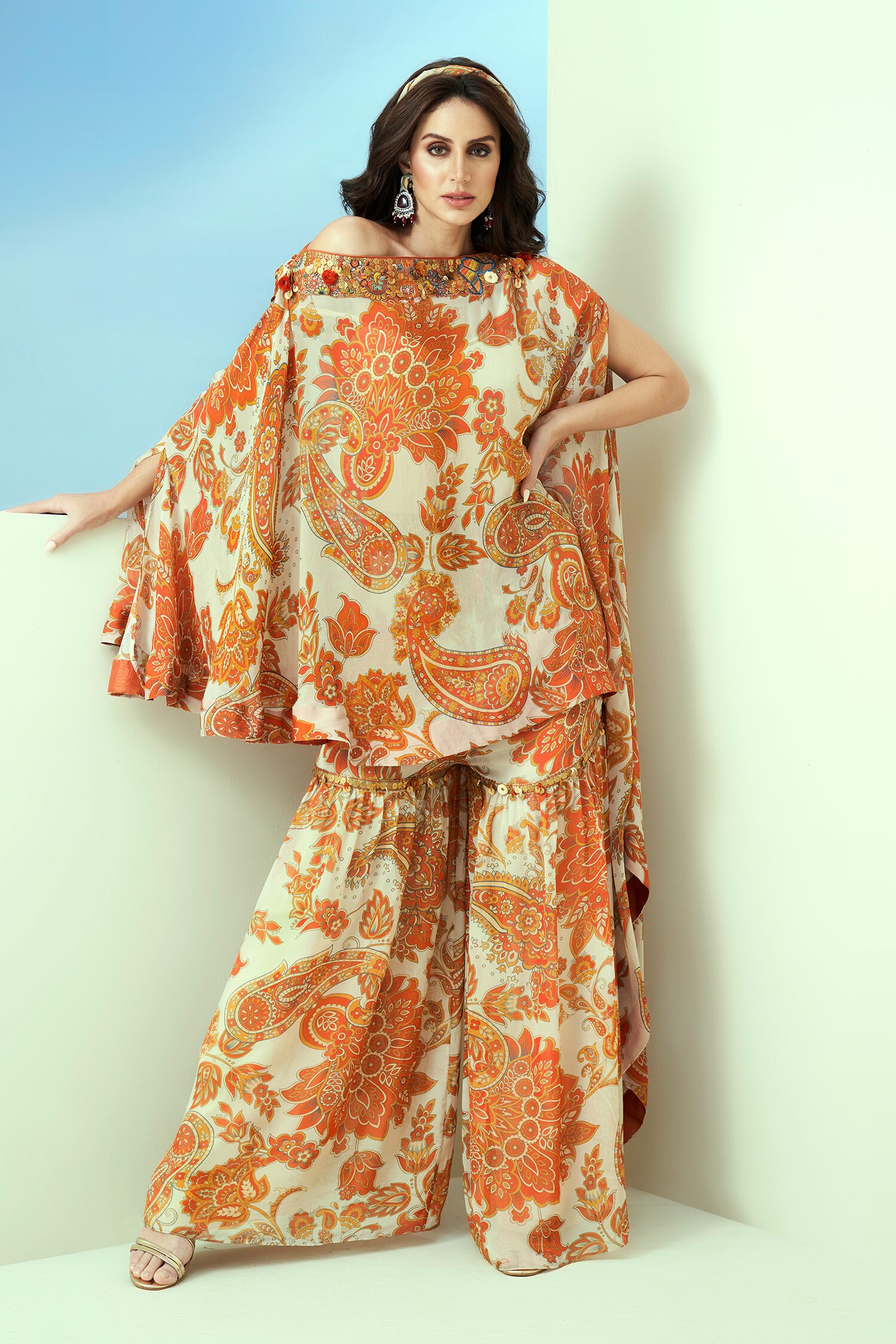 Buy Taavare Off White Organza Printed Kaftan Sharara Set Online | Aza ...