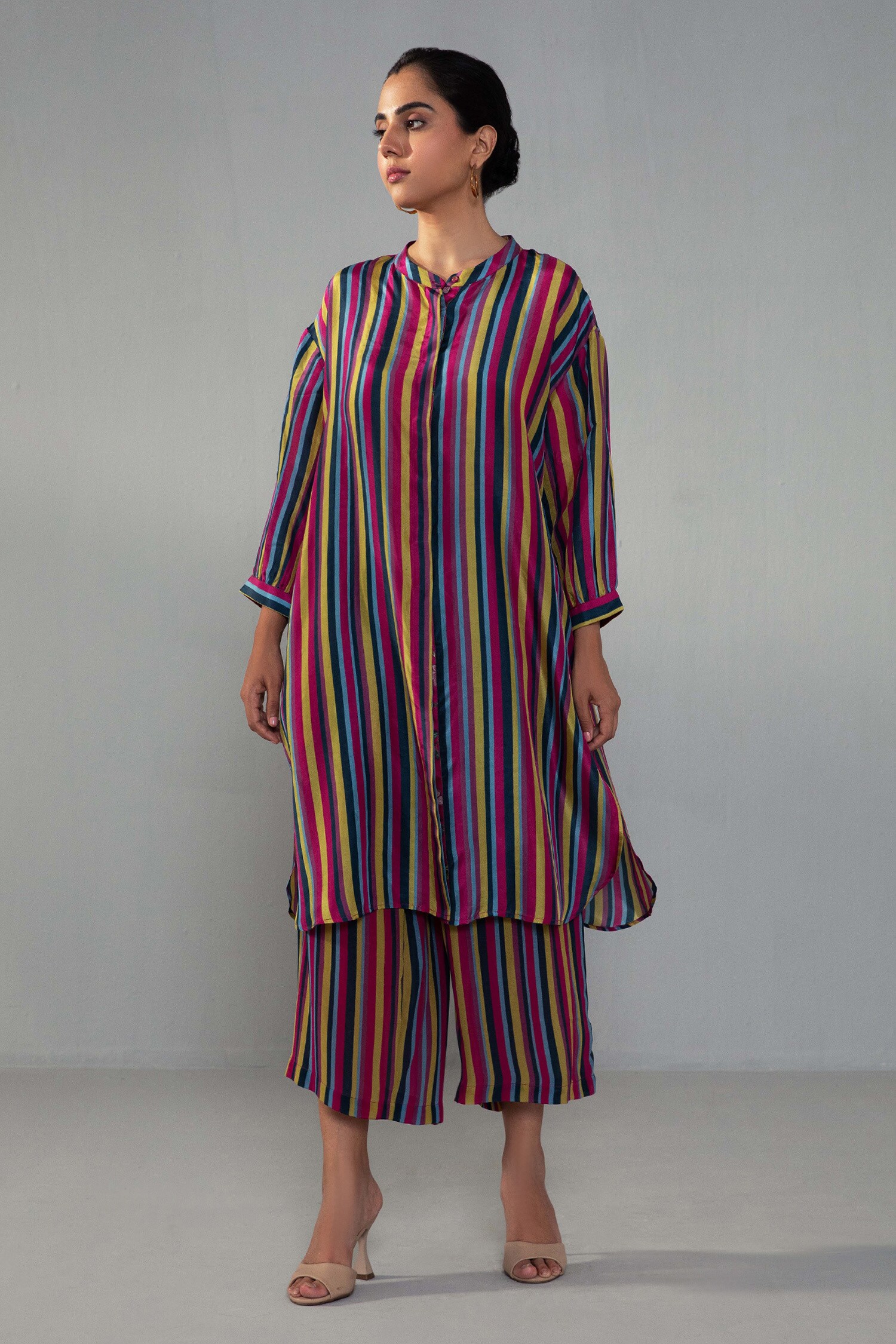 Buy Multi Color Natural Crepe Printed Stripe Mandarin Kurta With Pant ...