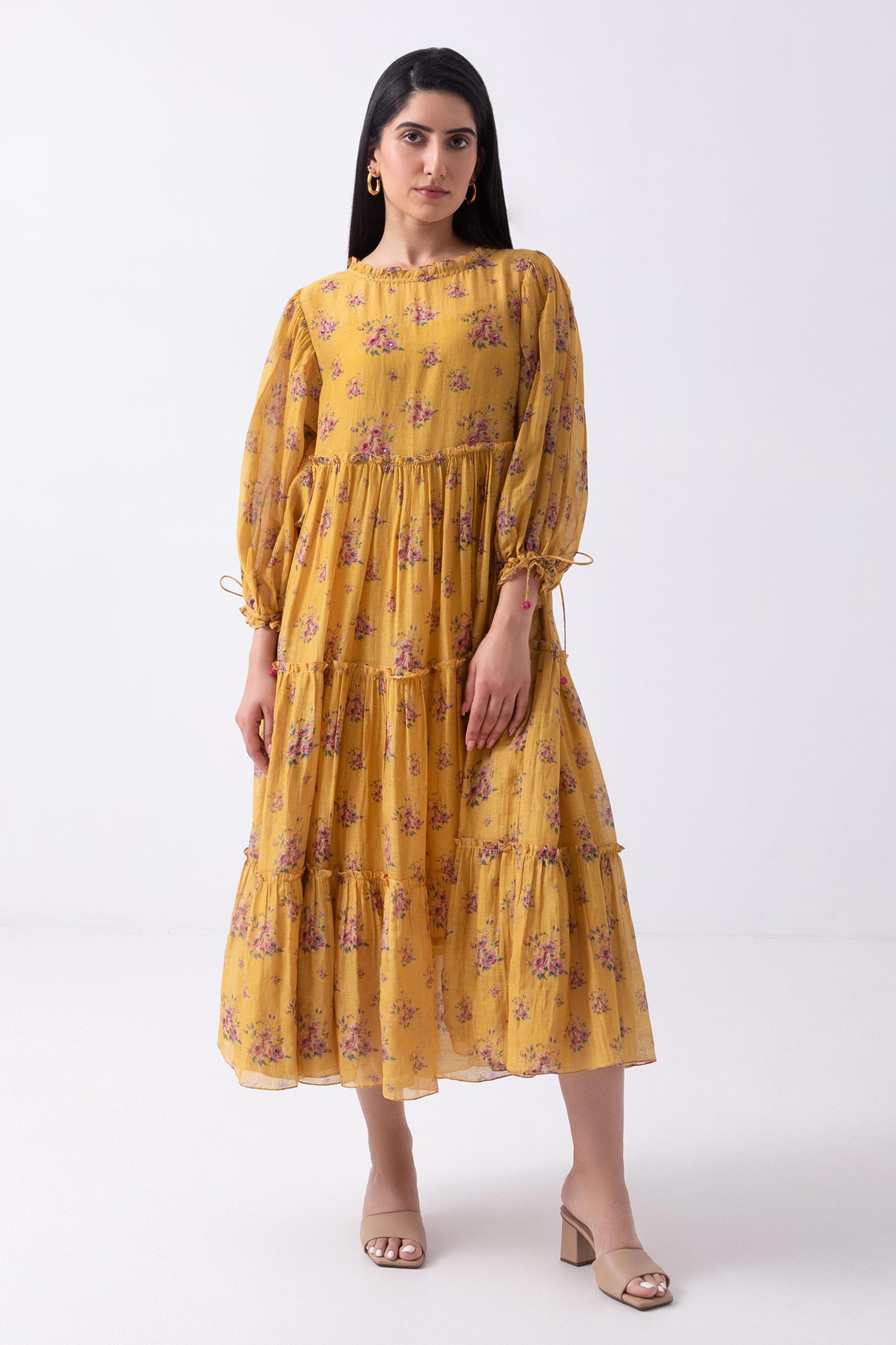 Buy Yellow Chanderi Printed Rose Ruffle Dress For Women by Label Shreya ...
