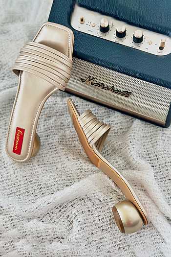 Buy Essem Gold Faux Leather Round Block Heel Sliders Online | Aza Fashions