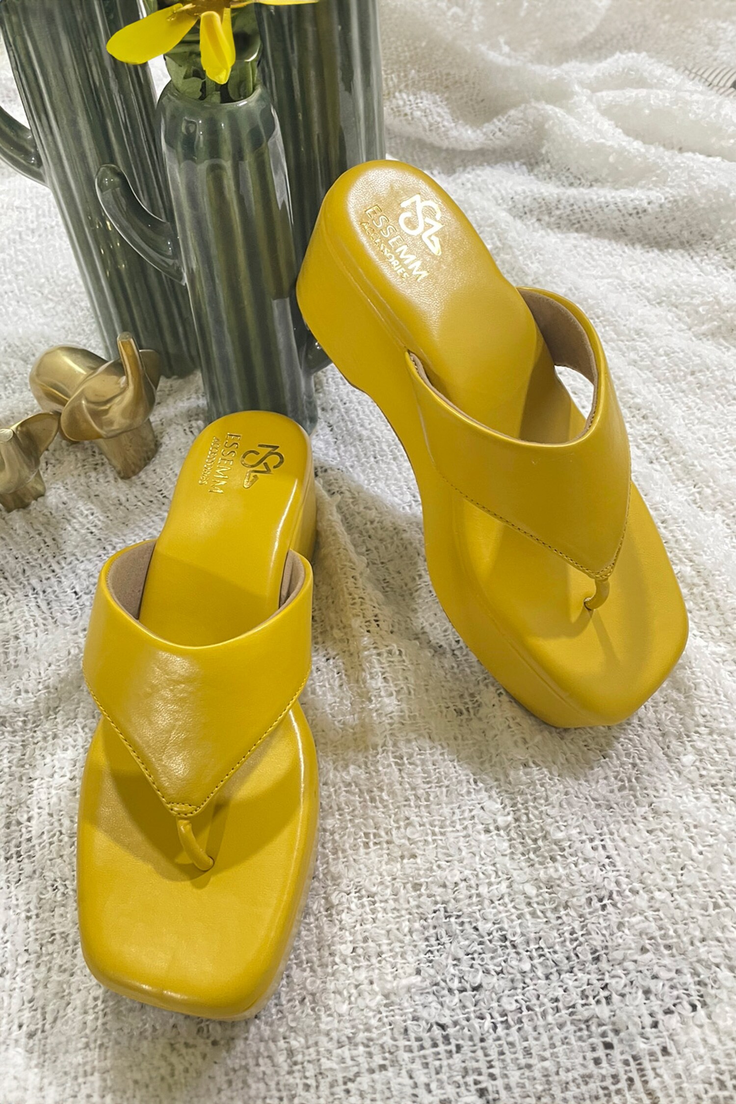 Buy Essem Yellow Faux Leather Plain Slip-on Platforms Online | Aza Fashions