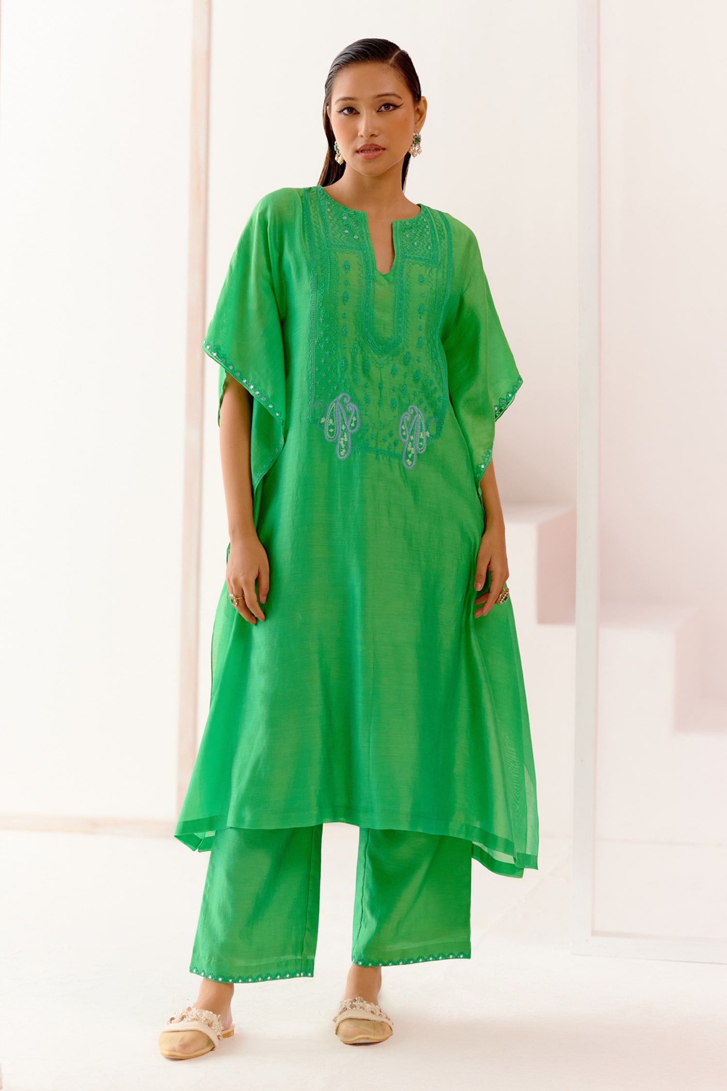 Buy Green Silk Chanderi Embroiderd Patra Notched Kaftan And Pant Set ...