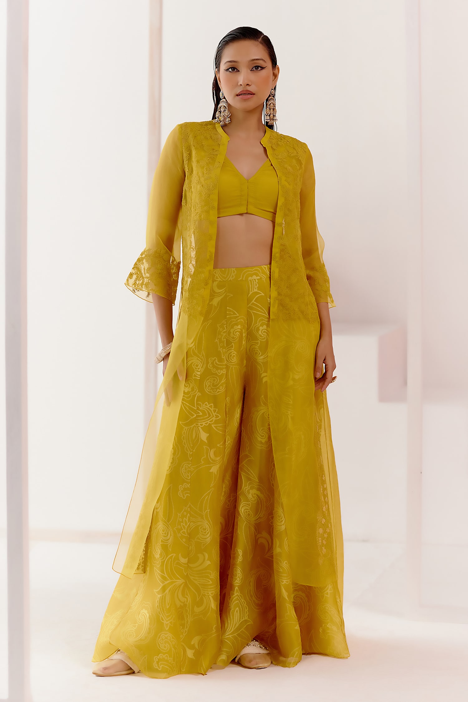 Buy Yellow Woven Organza And Cotton Satin Cape With Sharara Set For ...