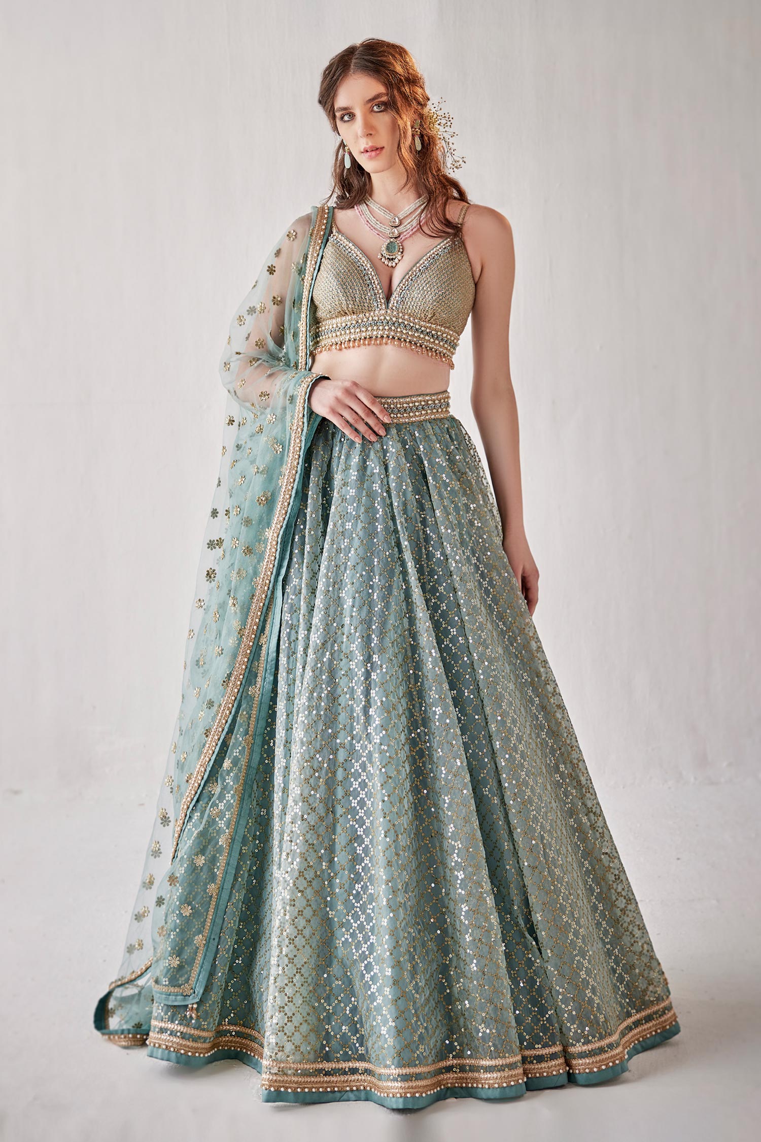 Buy Cedar And Pine Blue Organza Sequin Jaal Embroidered Lehenga Set